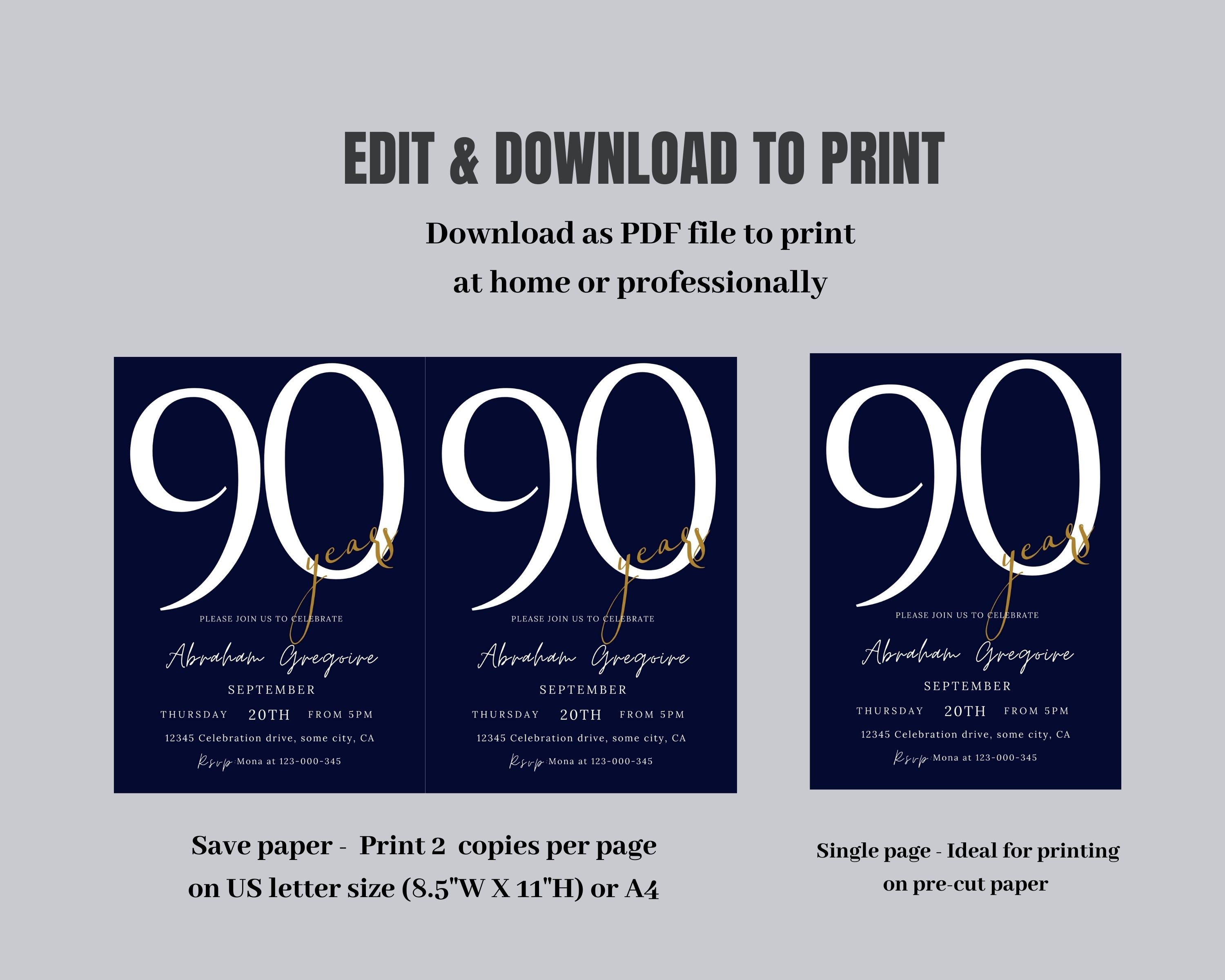 90th Birthday Invitation, Navy Blue Birthday Invitation Template for ...