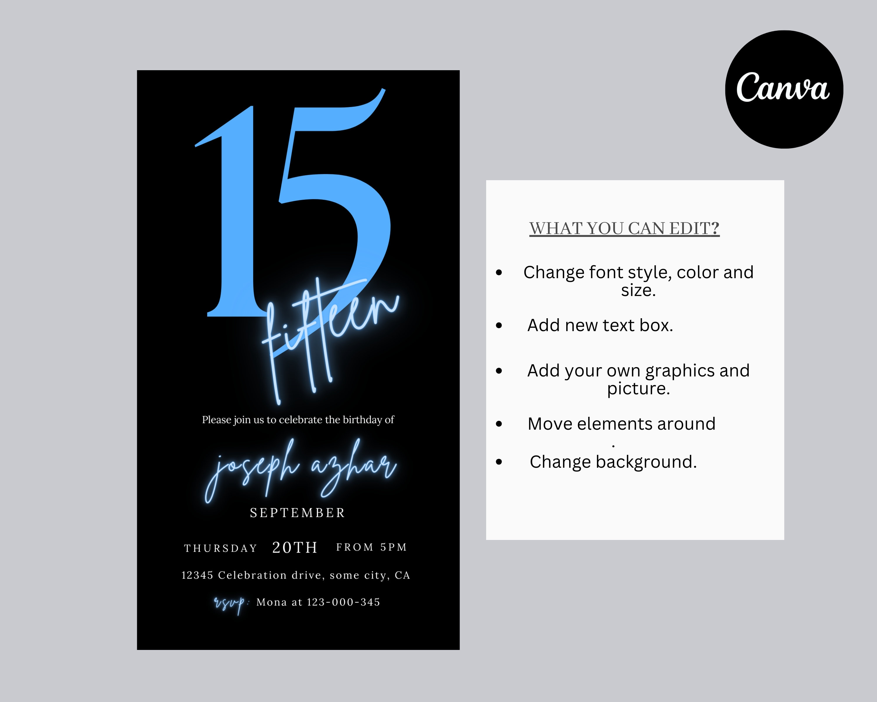 15th Birthday Party Invitation Boys Digital, Blue Fifteenth Birthday ...