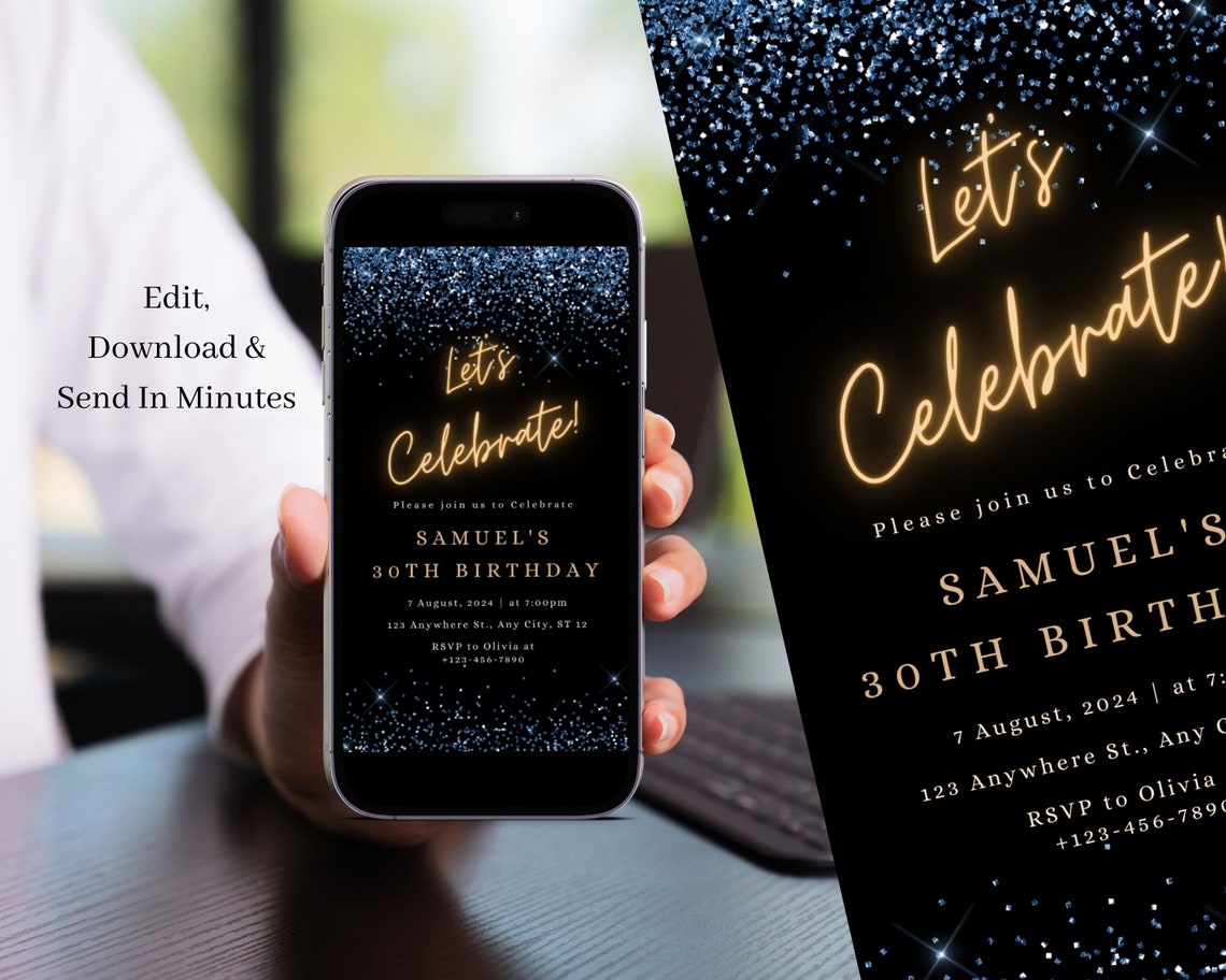 Electronic Birthday Invitation Template for Adult Men Blue Glitter ...