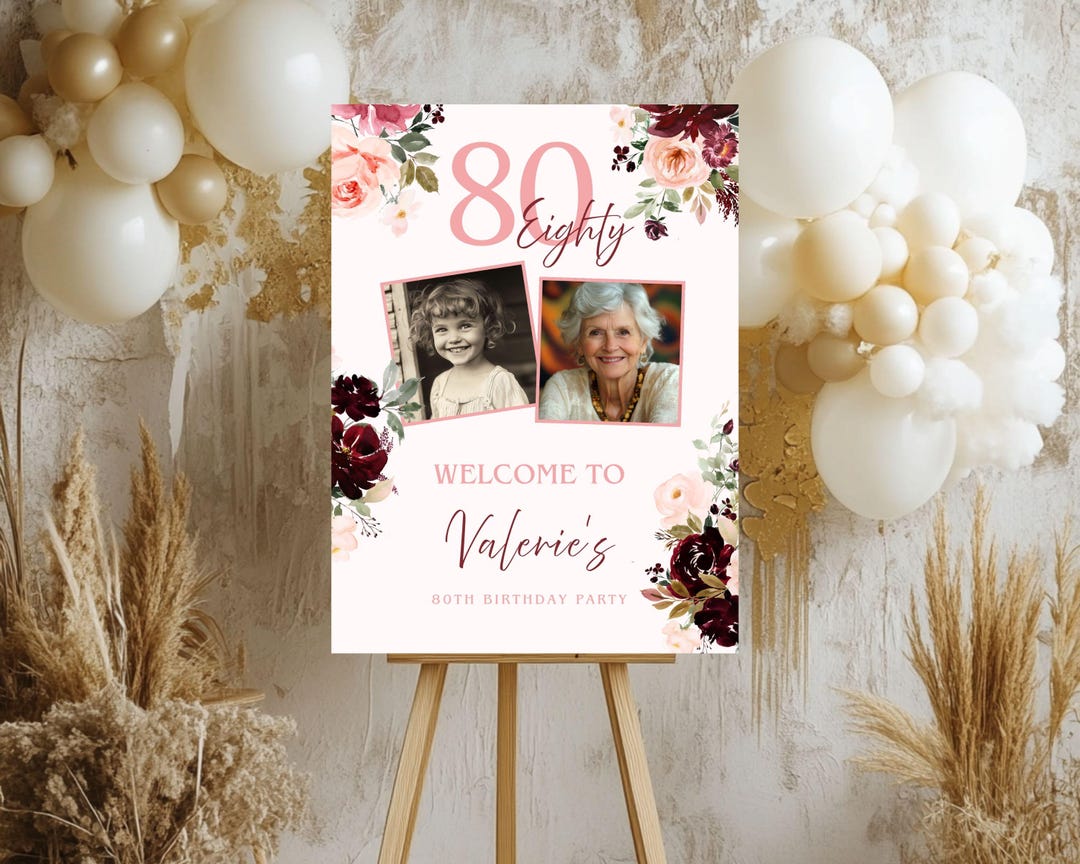 Floral 80th Birthday Photo Welcome Sign Burgundy Pink Roses Party ...