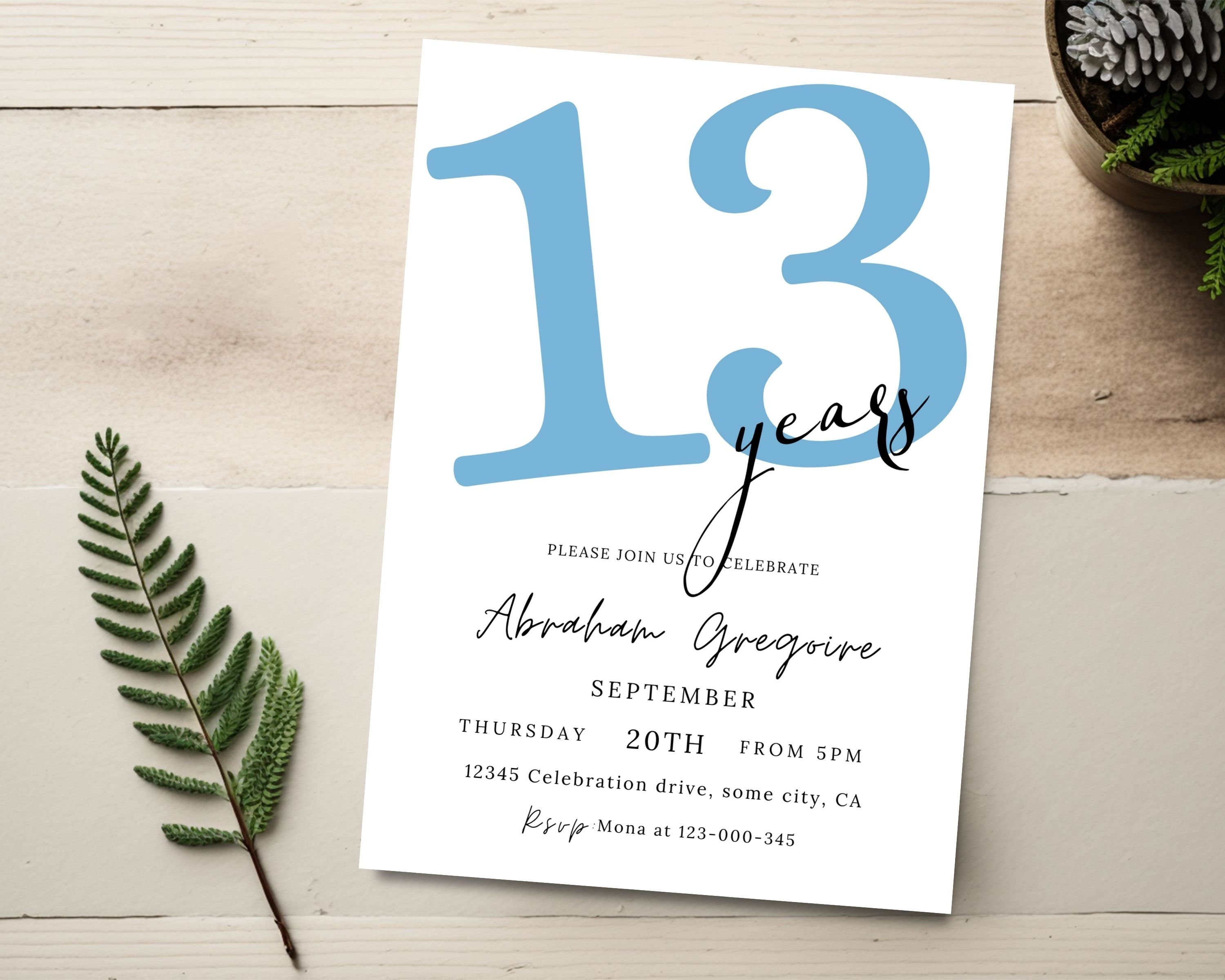 13th Birthday Invitation Boy, Printable 13th Birthday Invite for Him ...