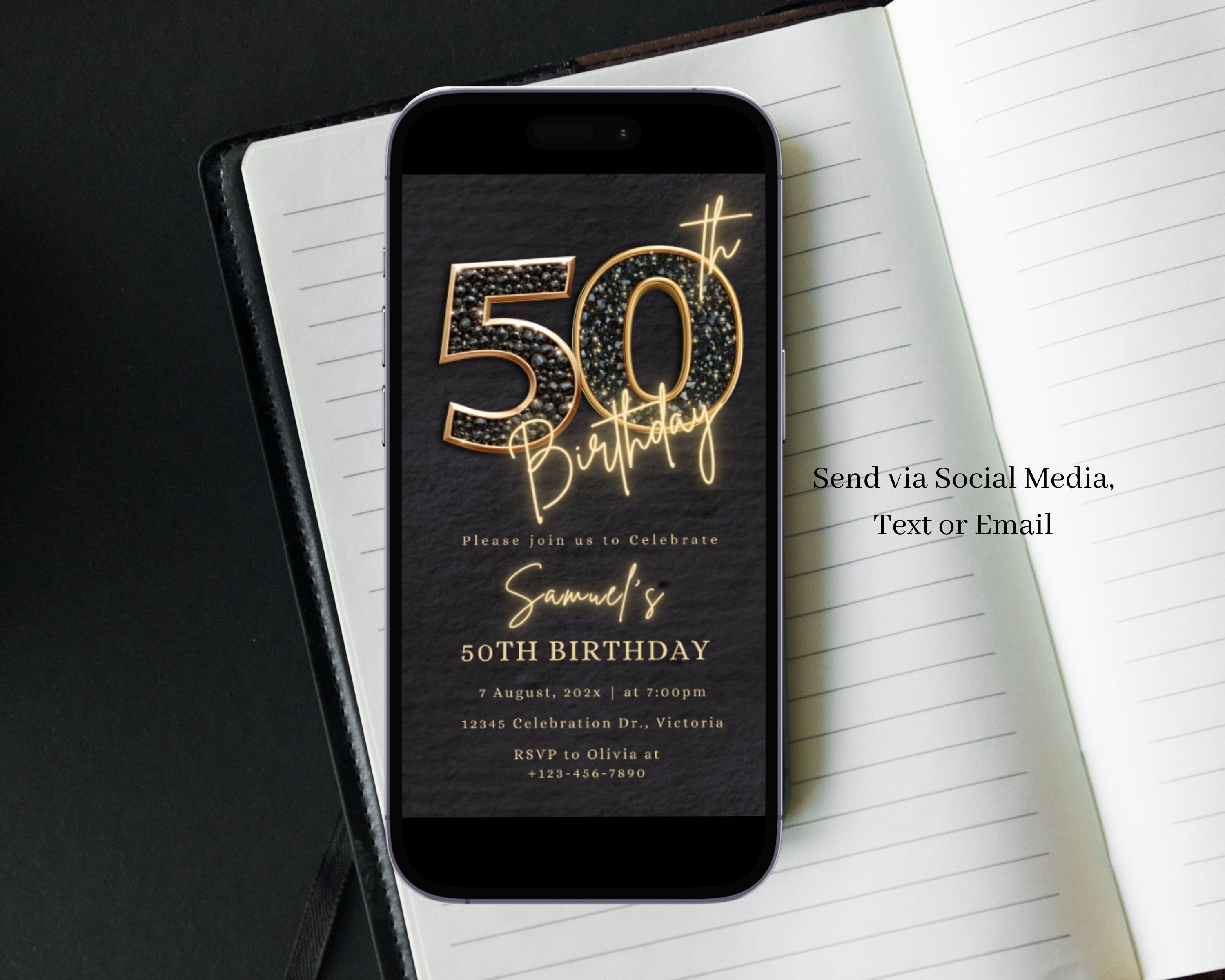 Electronic 50th Birthday Invitation for Men, Black and Gold 50th ...