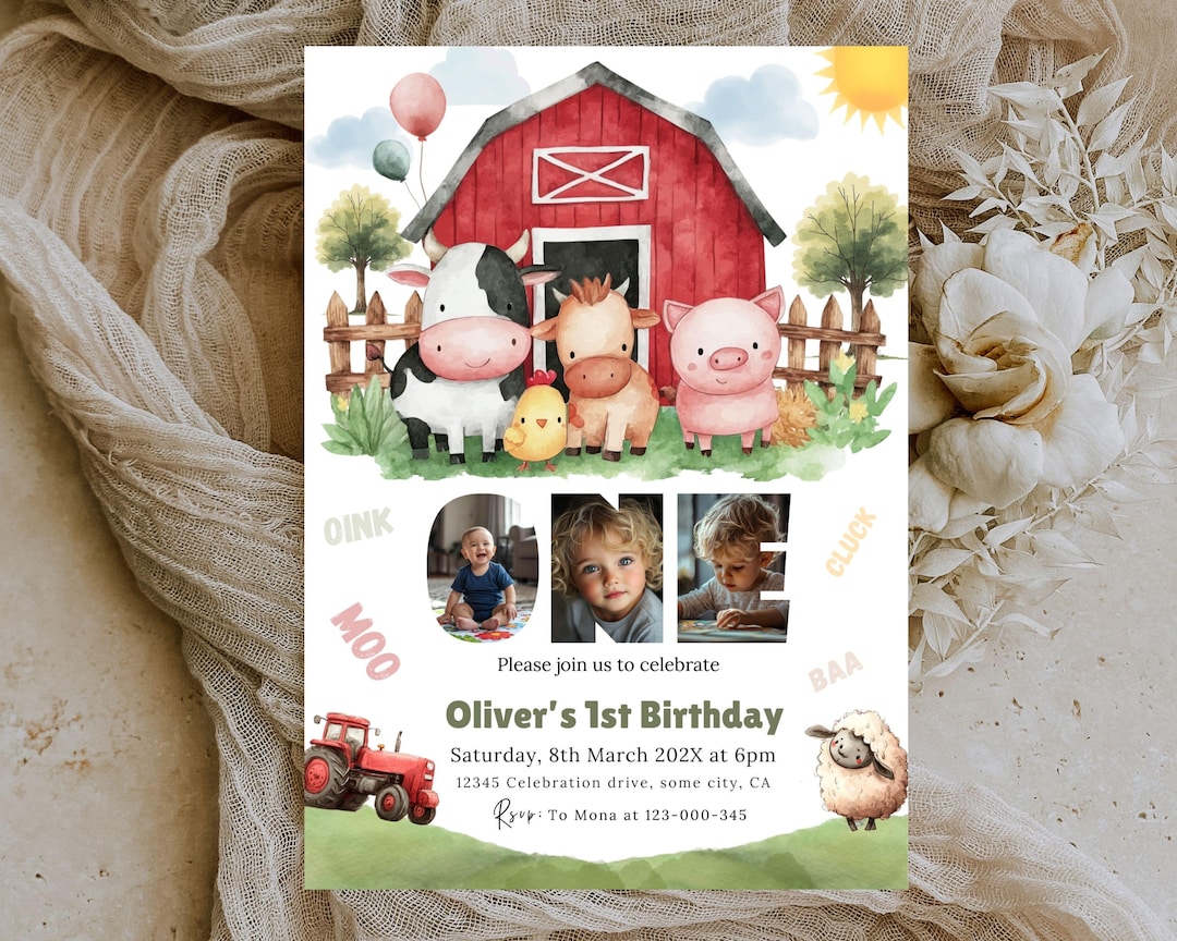Farm 1st Birthday Invitation With Photo, E-I-E-I-ONE Barnyard Party ...