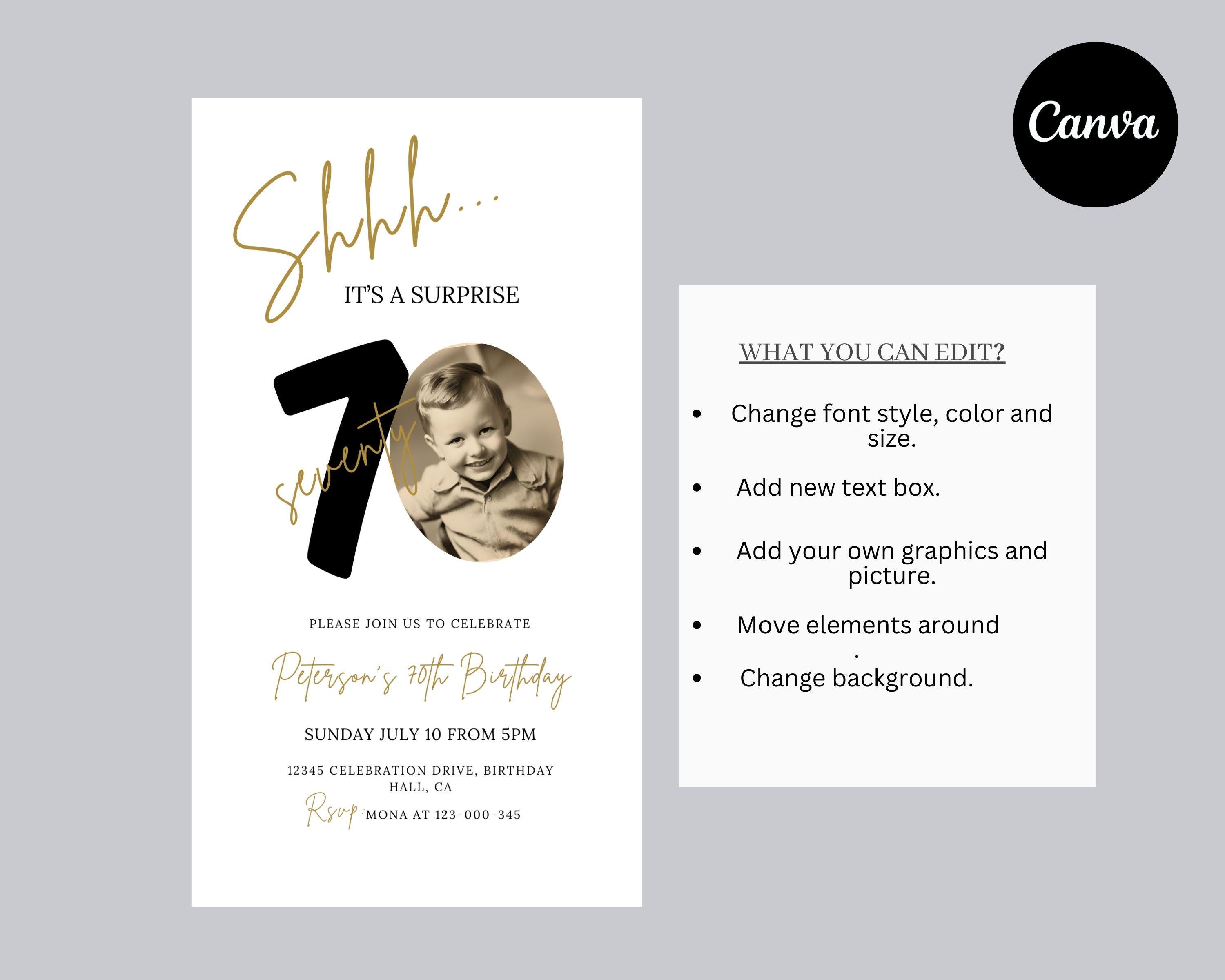 Surprise 70th Birthday Invitation, Photo, Editable Template (digital ...