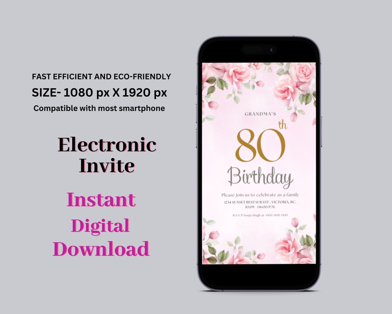 Digital 80th Birthday Party Invitation, Pink Watercolor Flowers ...