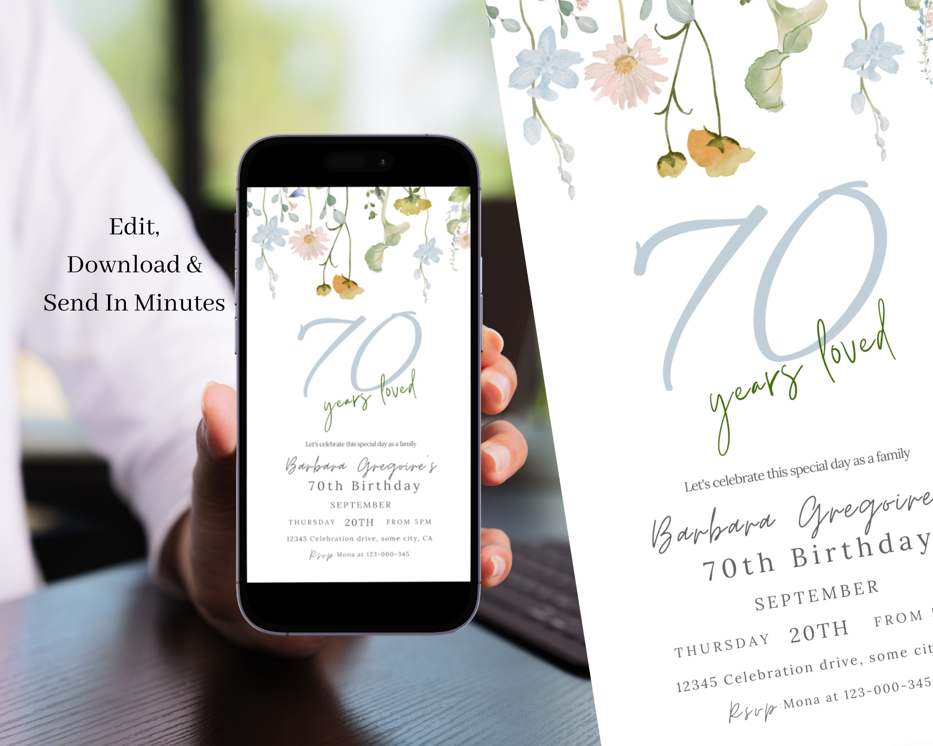 Electronic 70th Birthday Invitation for Women Digital, Floral & Greens ...