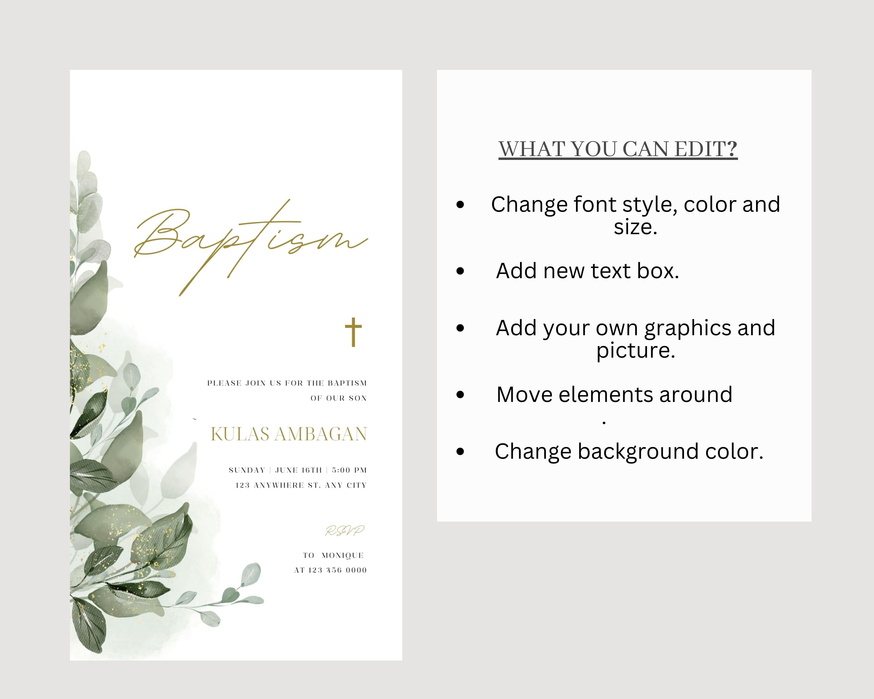 Electronic Baptism Invitation Boy Digital Download Simple Greenery and ...