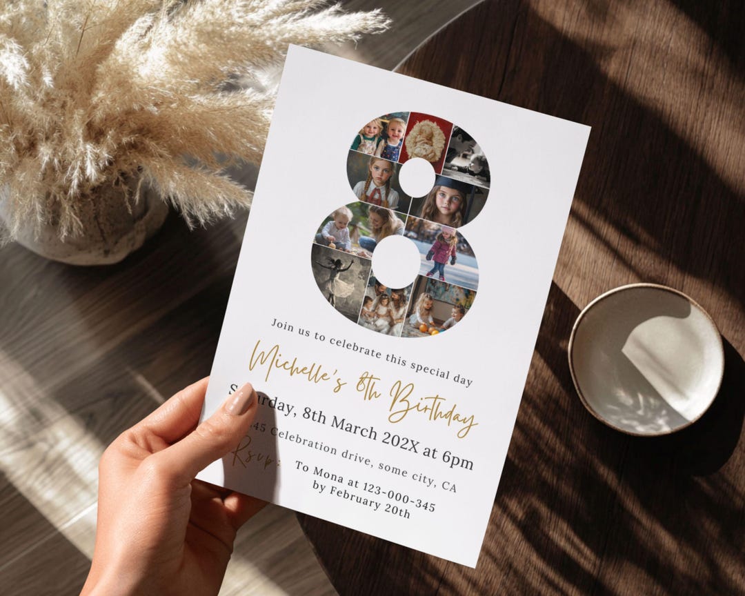 8th Birthday Photo Collage Invitation, Printable Party Invite (digital ...
