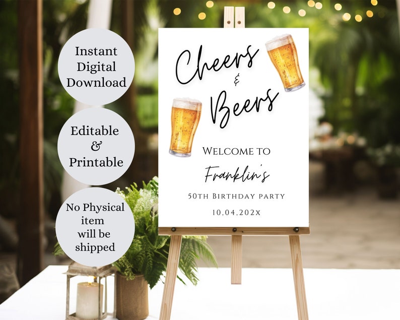 Cheers and Beers Birthday Welcome Sign, Editable Beer Party Poster ...
