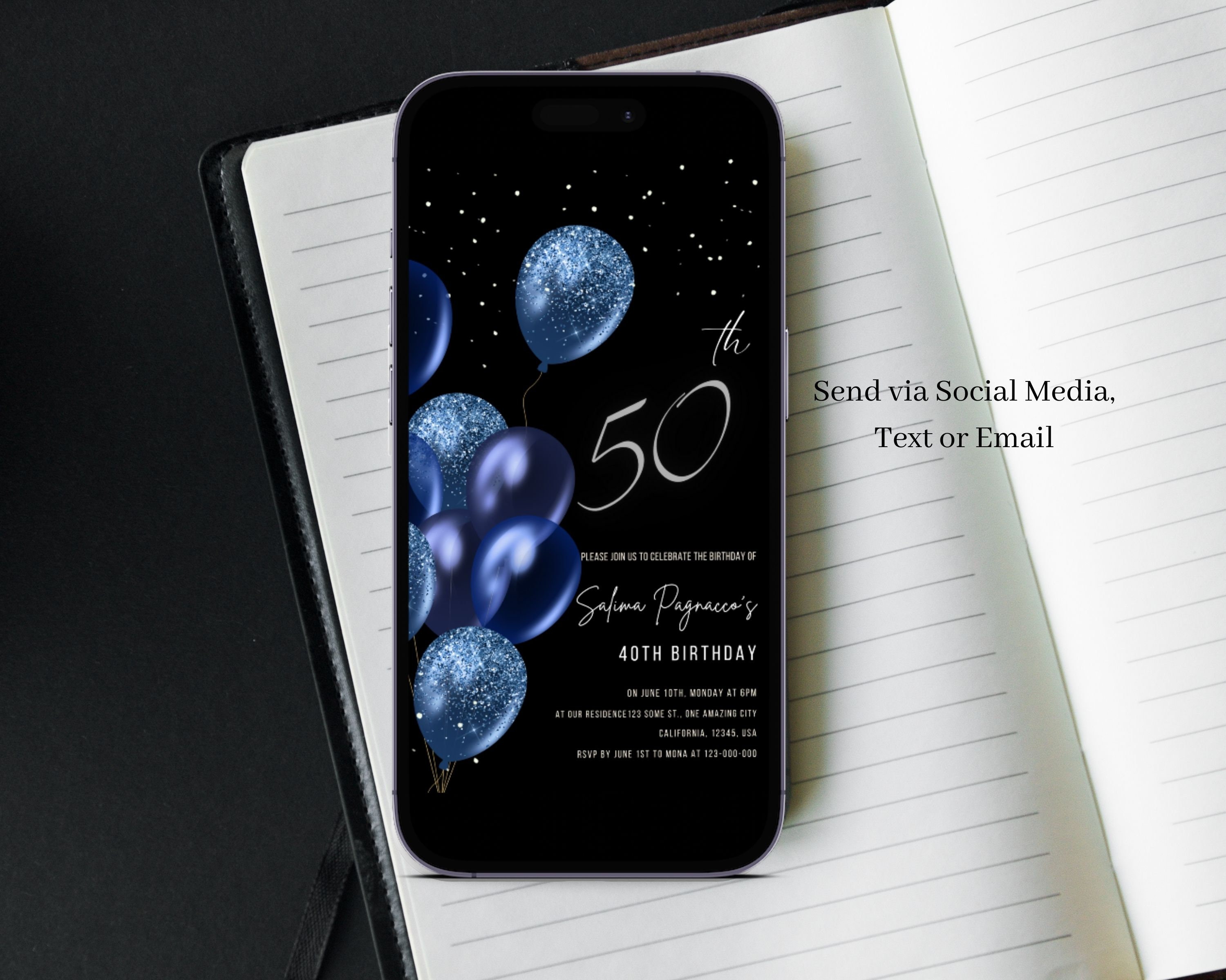 Electronic 50th Birthday Invitation for Men, Digital Black & Blue 50th ...