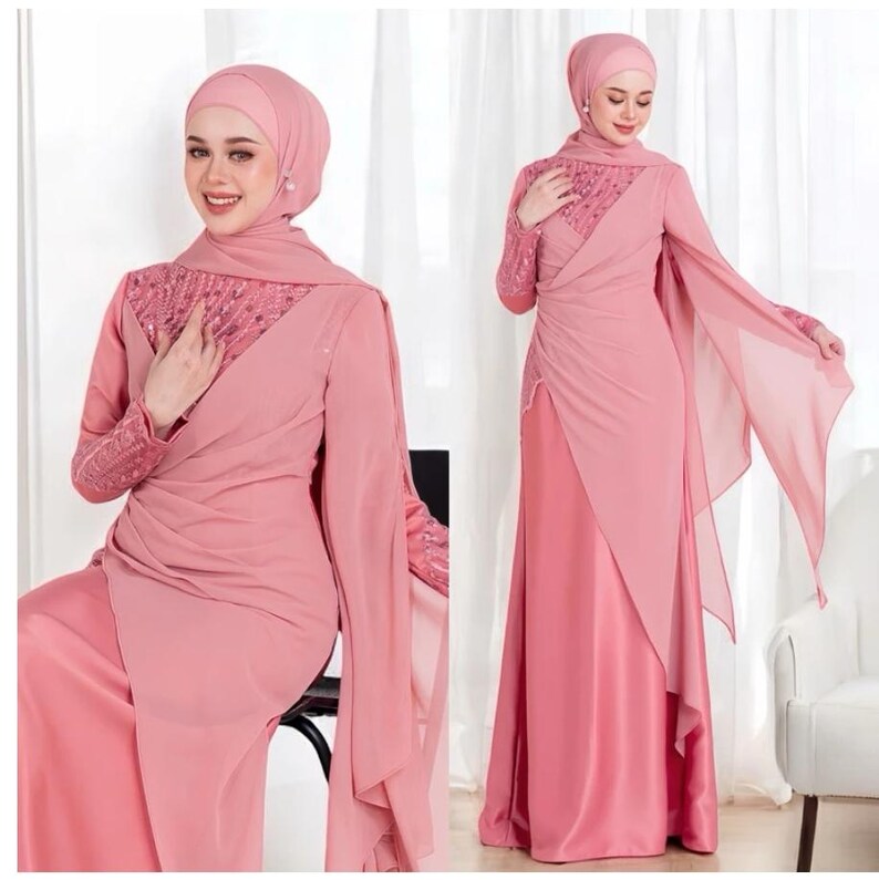 Elegant Modest Gown With Sequin & Drape Free Shawl, Islamic Formal Wear ...