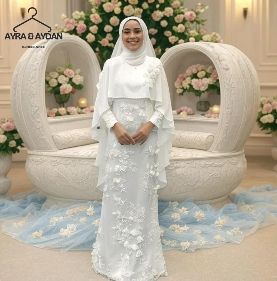Elegant Muslimah Wedding Dress - Floral Embellished Long Sleeve Gown ...