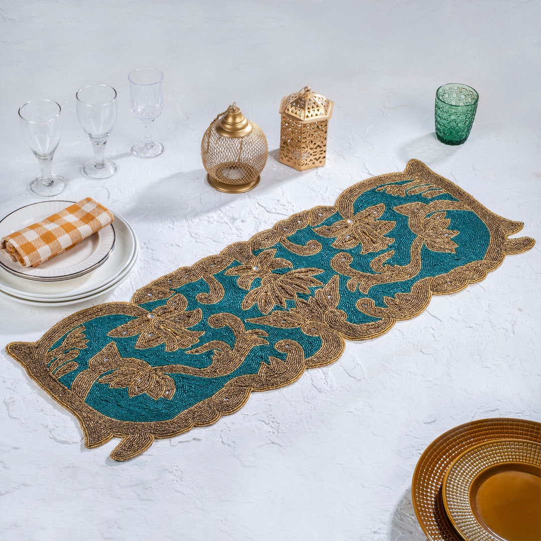 Elegant Beaded Table Runner, Hand Beaded Runner, 13x36, Turquoise Green ...