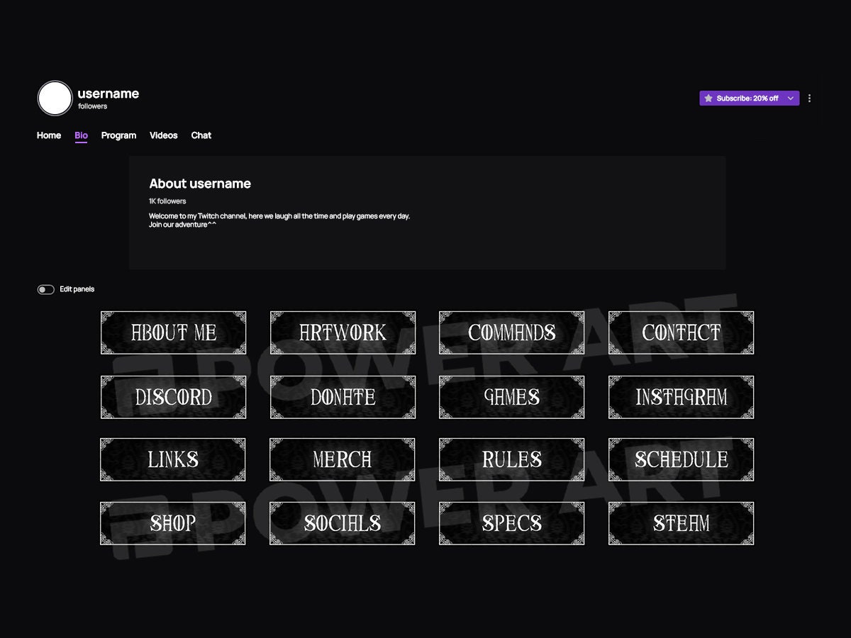 Gothic Twitch Panels X20 Pack Black White Goth Gaming Stream Design ...