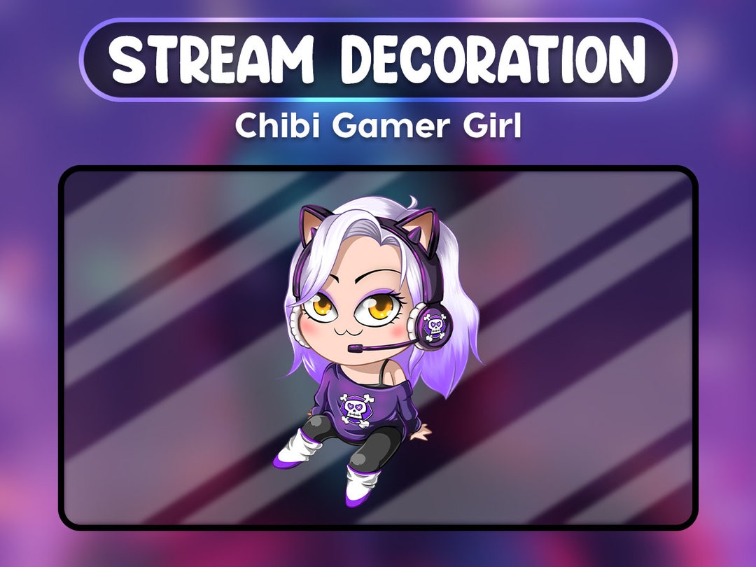 Chibi Gamer Girl Animated Stream Decoration Purple Gaming Streamer Gift ...