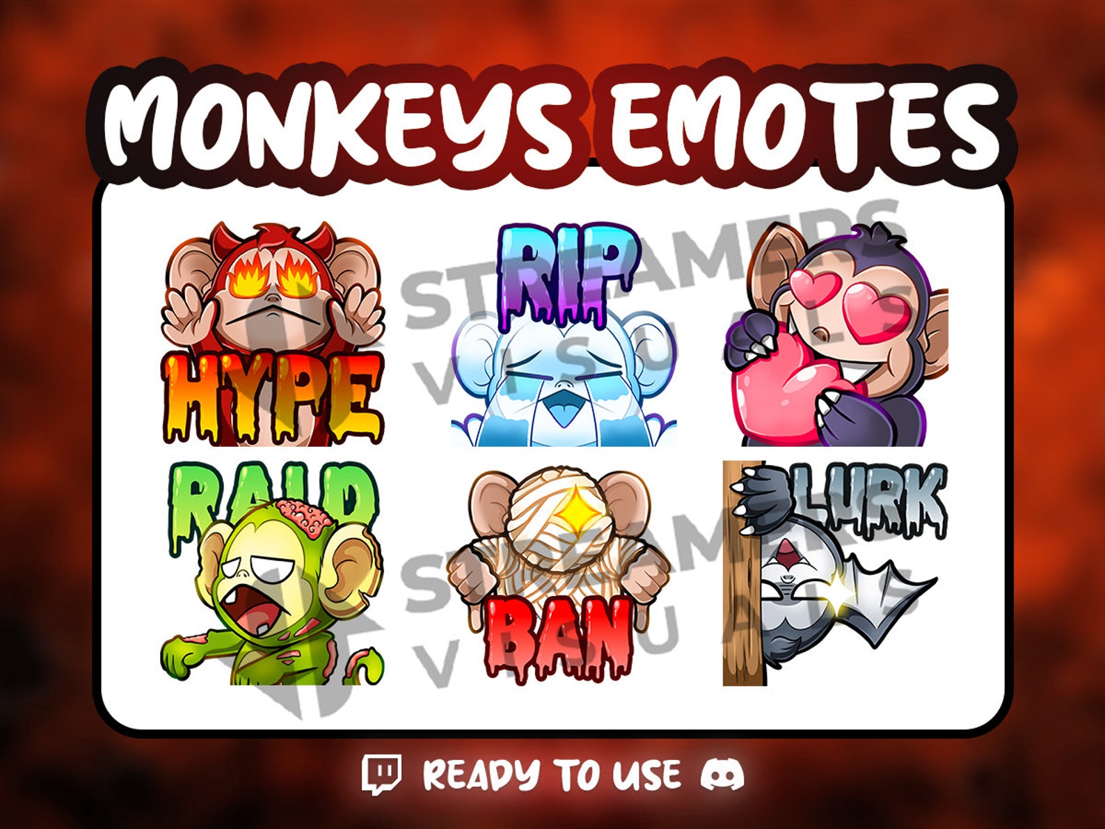 Horror Monkey Twitch Emotes Pack 6x Cute Scary Creepy Spooky Fear ...