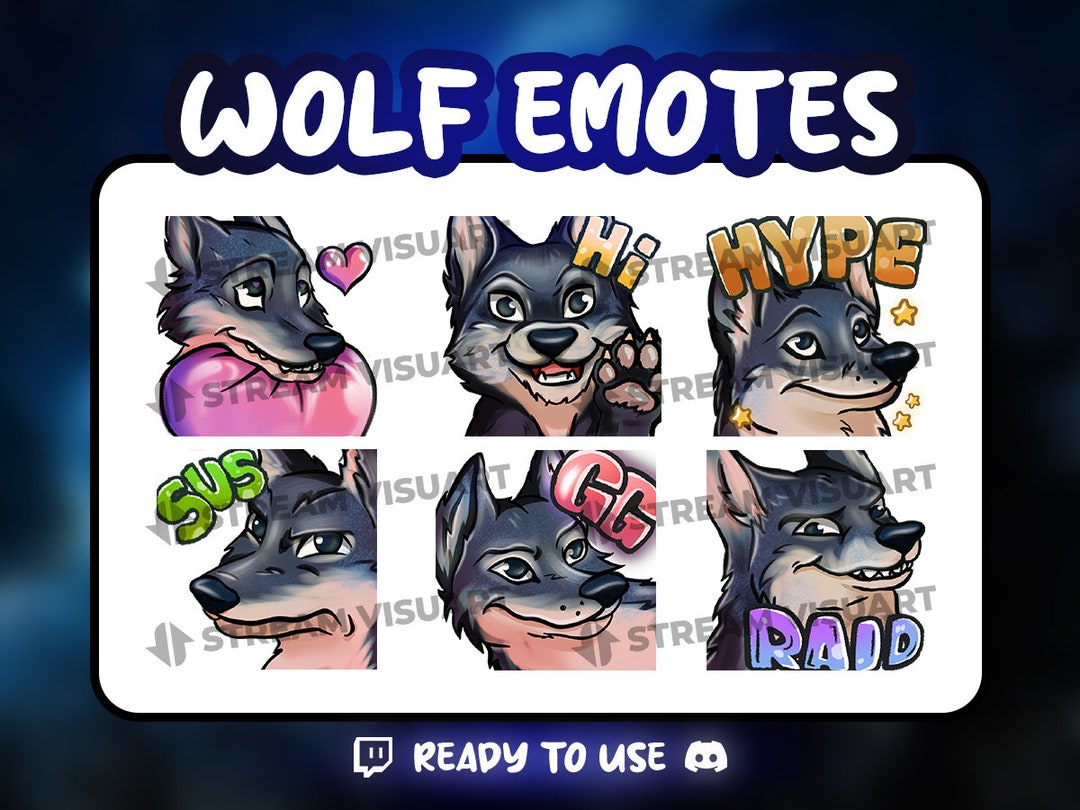 Wolf Twitch Emotes Pack 6x Canidae Dog Cool Grey Love Hype Hi GG Raid ...