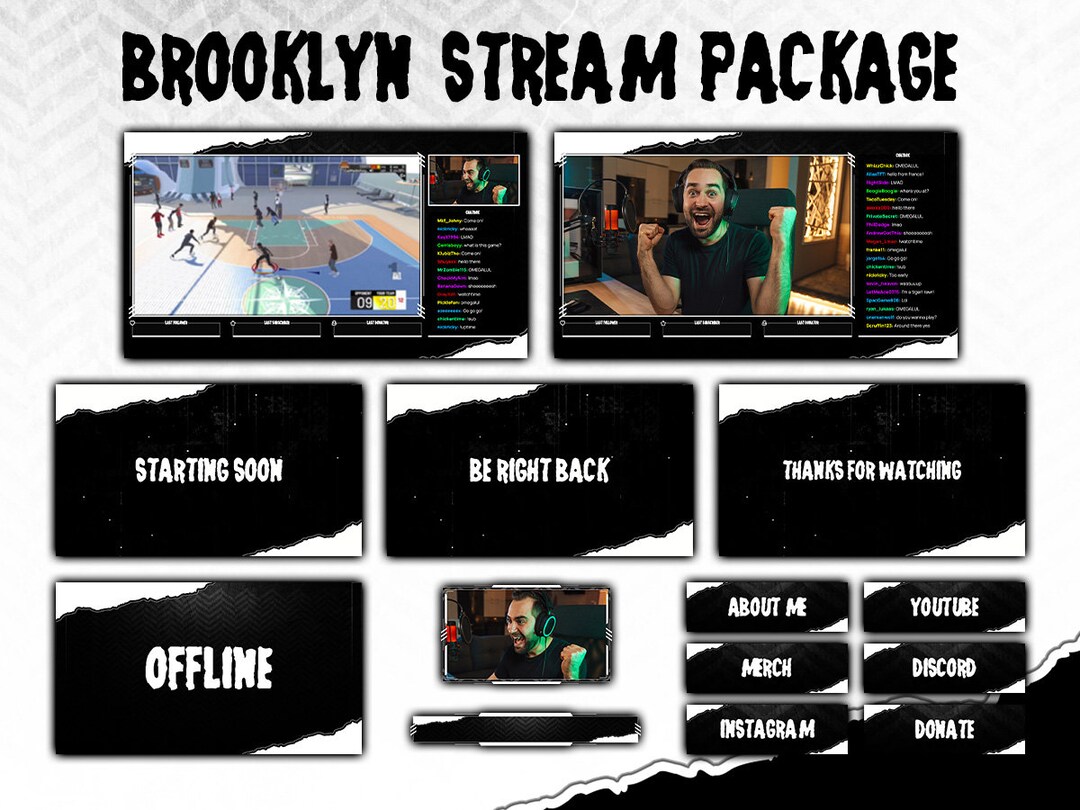 Brooklyn Twitch Overlay Package Black White Aesthetic Animated Stream ...