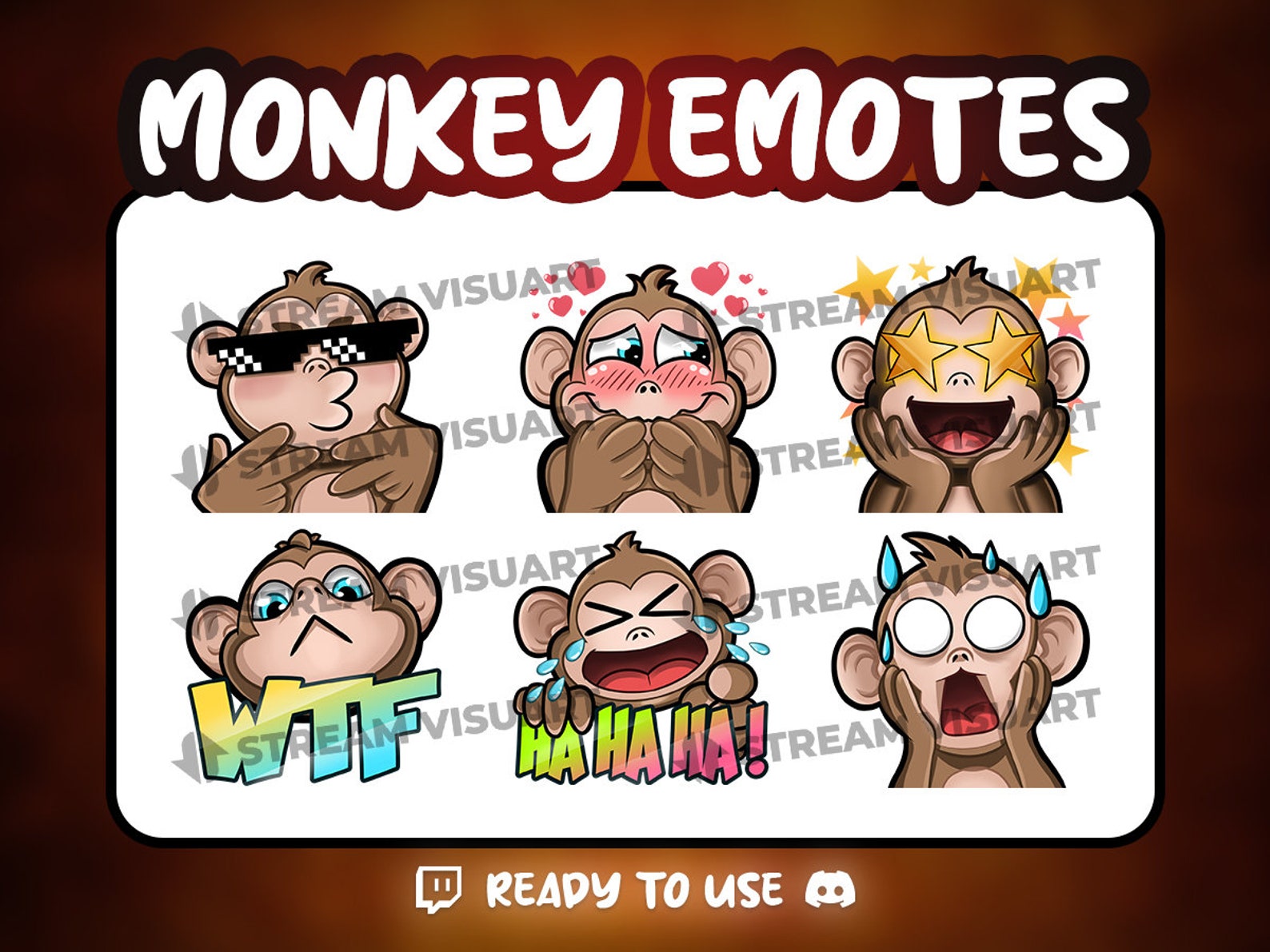 Monkey Twitch Emotes Pack 6x Ape Primate Chimpanzee Cute Fear WTF Love ...