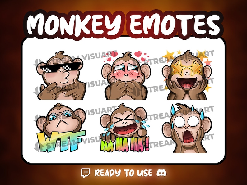 Monkey Twitch Emotes Pack 6x Ape Primate Chimpanzee Cute Fear WTF Love ...