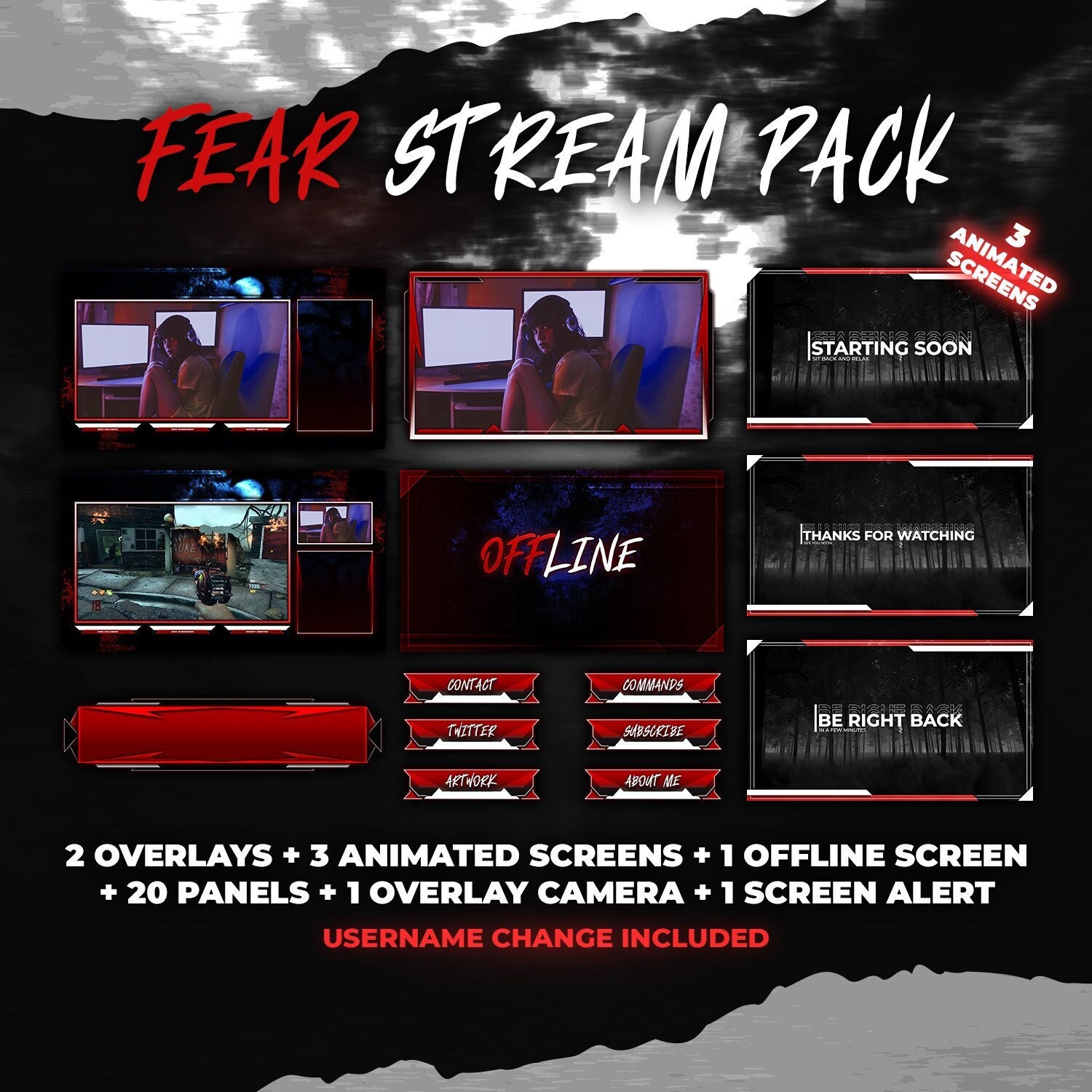 Fear Twitch Overlay Package Horror Aesthetic Phobia Animated Stream ...