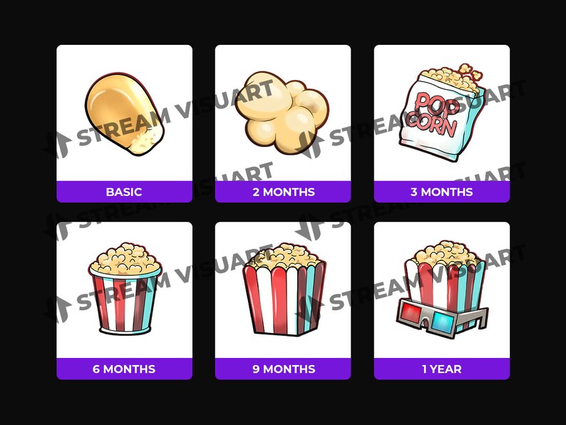 Popcorn Twitch Sub Badges X6 Snacks Movie Night Gourmet Sweety Sugar ...