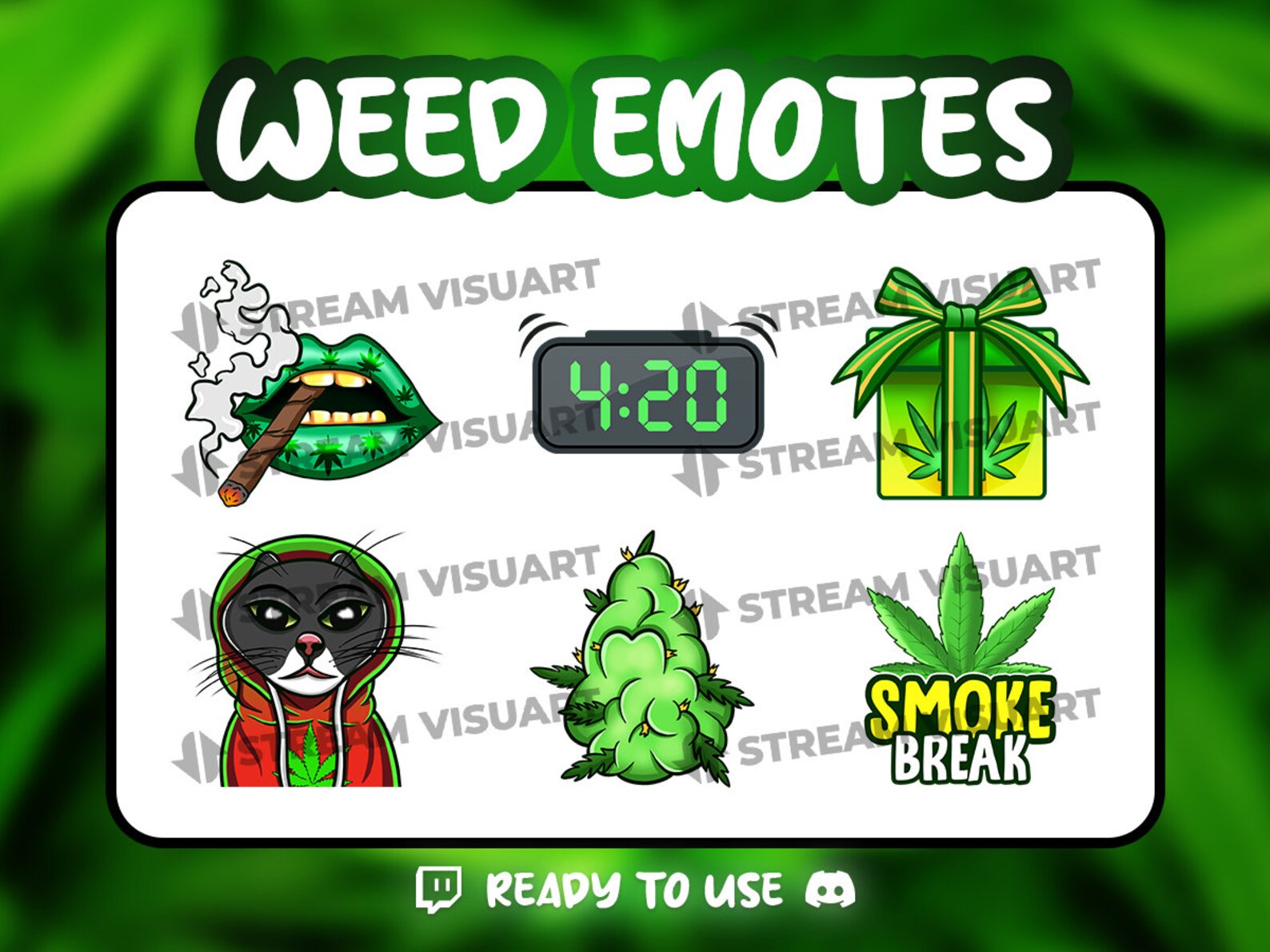 Weed Twitch Emotes Pack 6x Plant 420 High Blunt Stoned Green Cool Grass ...