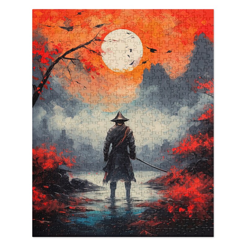 Samurai With Sword, Backview, Mountain & Sun Japanese Painting Art ...
