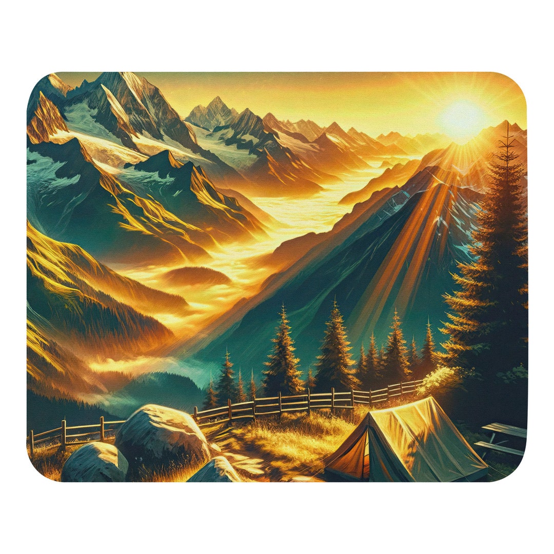 Artistic Depiction of a Tent, Breathtaking Alps During Sunset, Golden ...