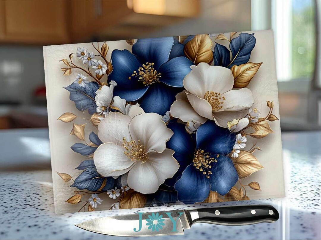 Glass Cutting Board Gold & Blue Flowers Tempered Glass Chopping Board ...