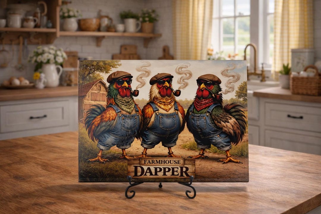 Farmhouse Dapper Roosters Glass Cutting Board – Funny Farm Kitchen ...