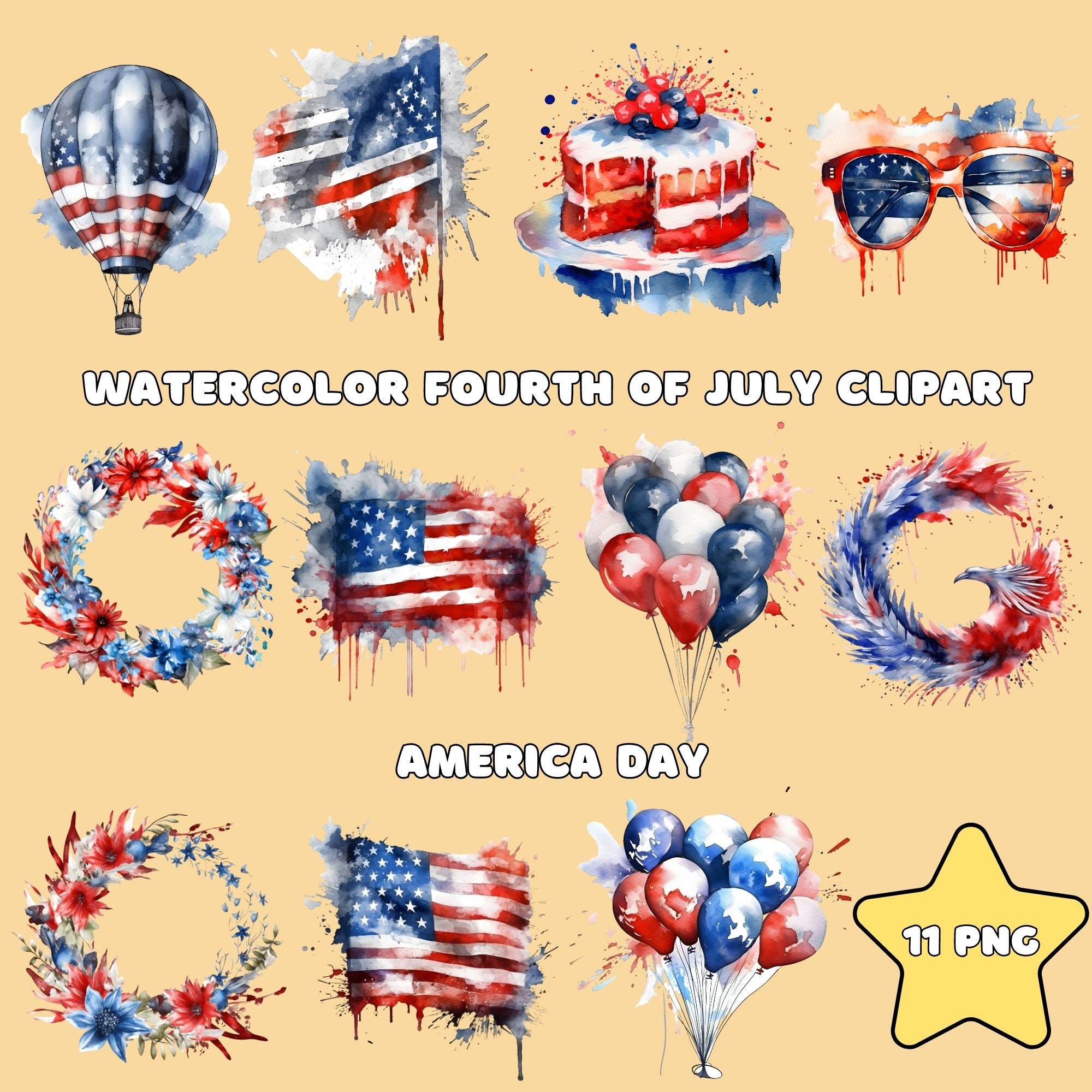 11 Fourth of July Watercolor Clip Art Set Transparent - Etsy