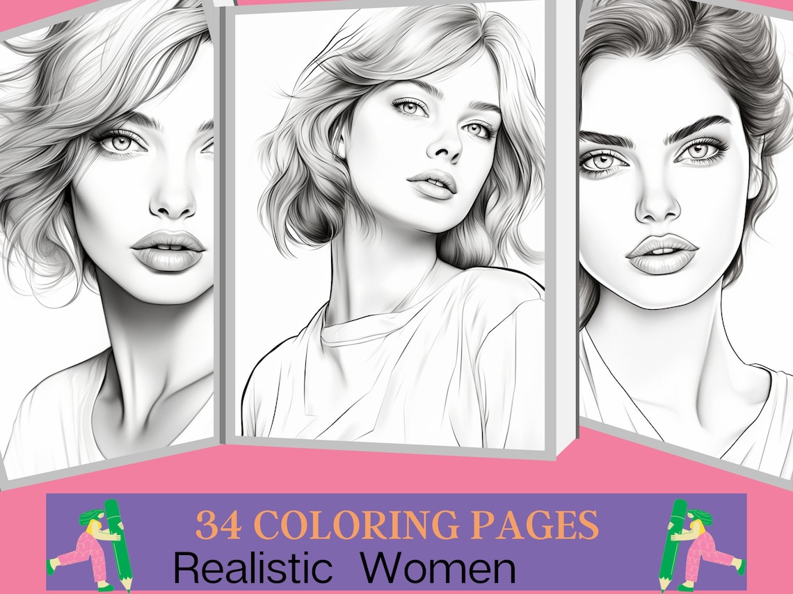 34 Realistic Woman Coloring Pages, Adults + Kids- Instant Download ...