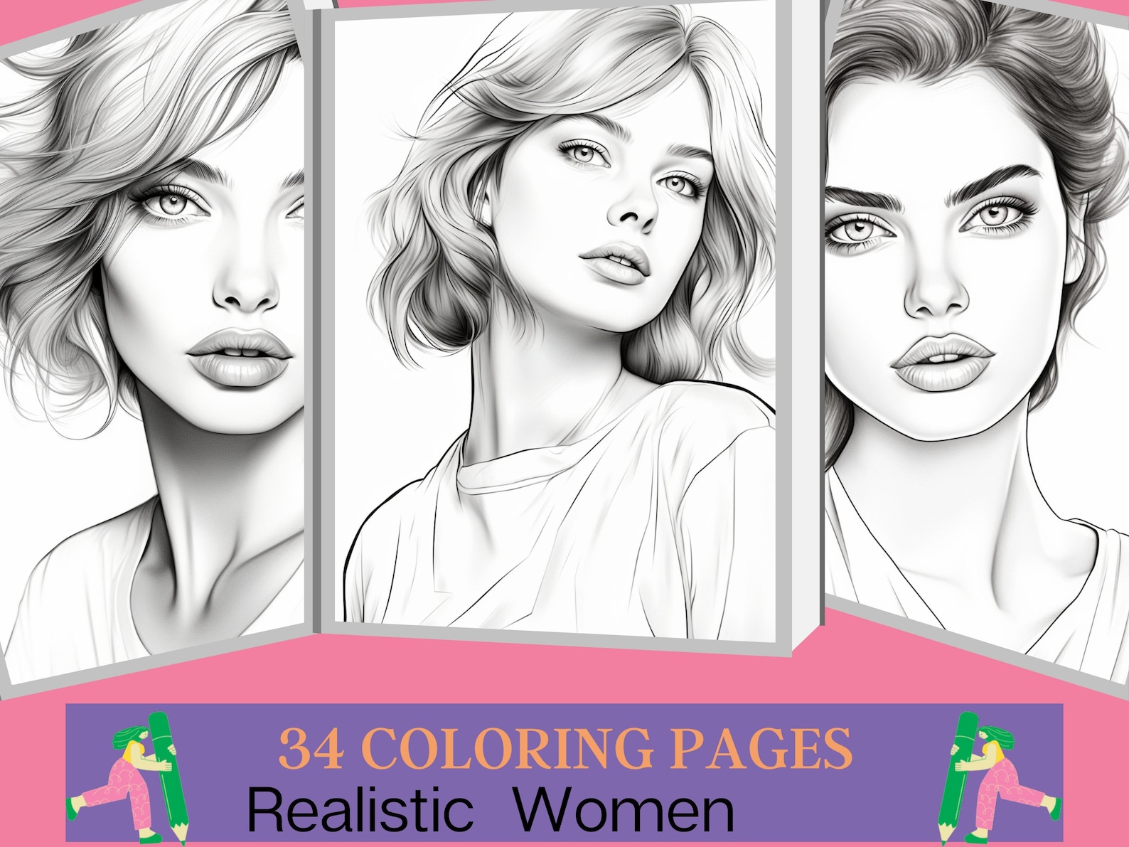 34 Realistic Woman Coloring Pages, Adults + Kids- Instant Download ...