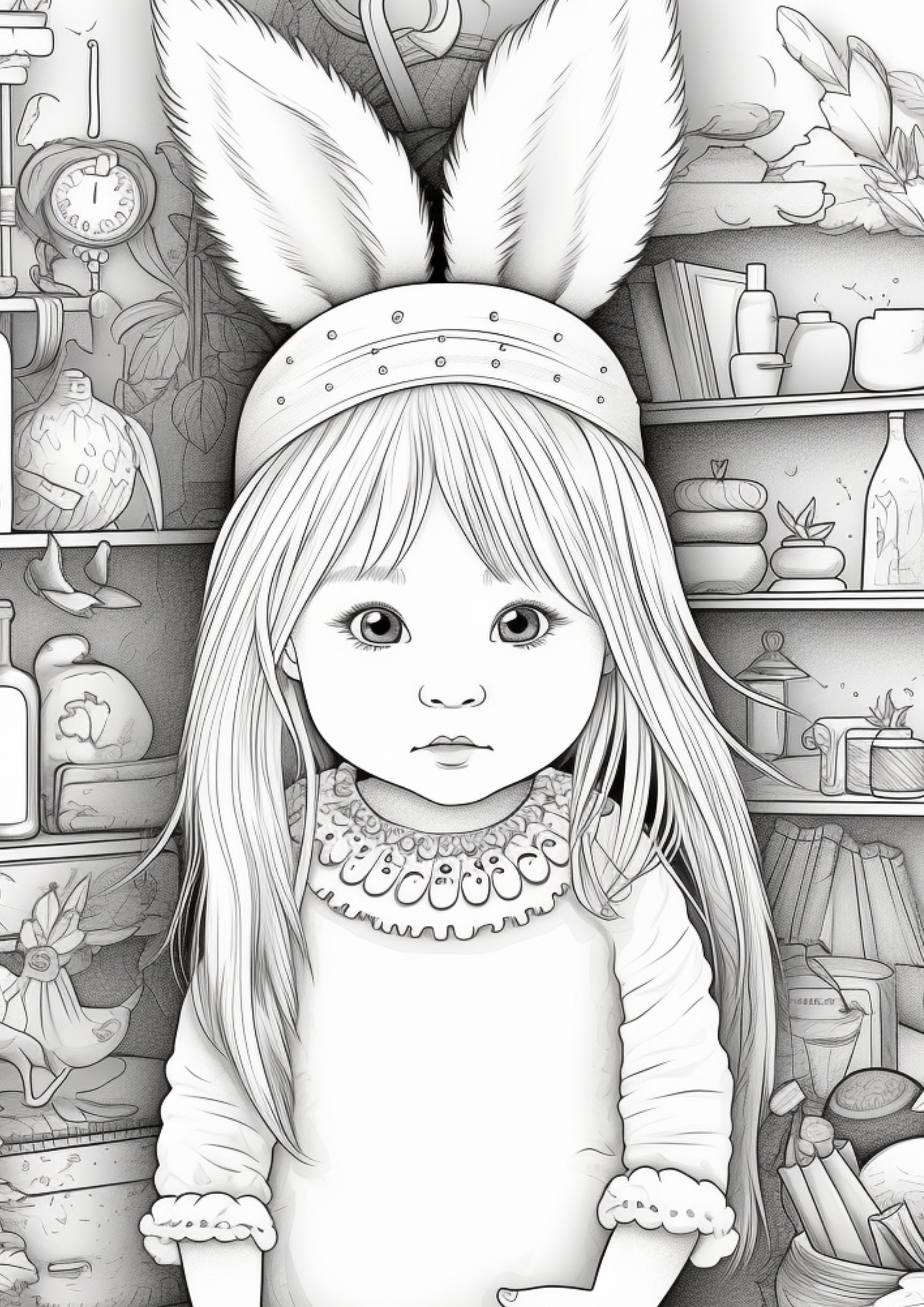 18 Cute Bunny Ear Girls Coloring Pages for Adults and Kids, Instant ...