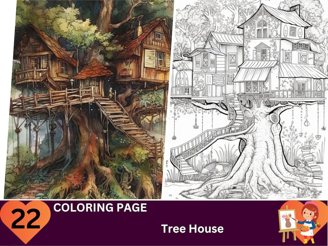 22 Fantasy Tree House Coloring Pages for Adults and Kids, Instant ...