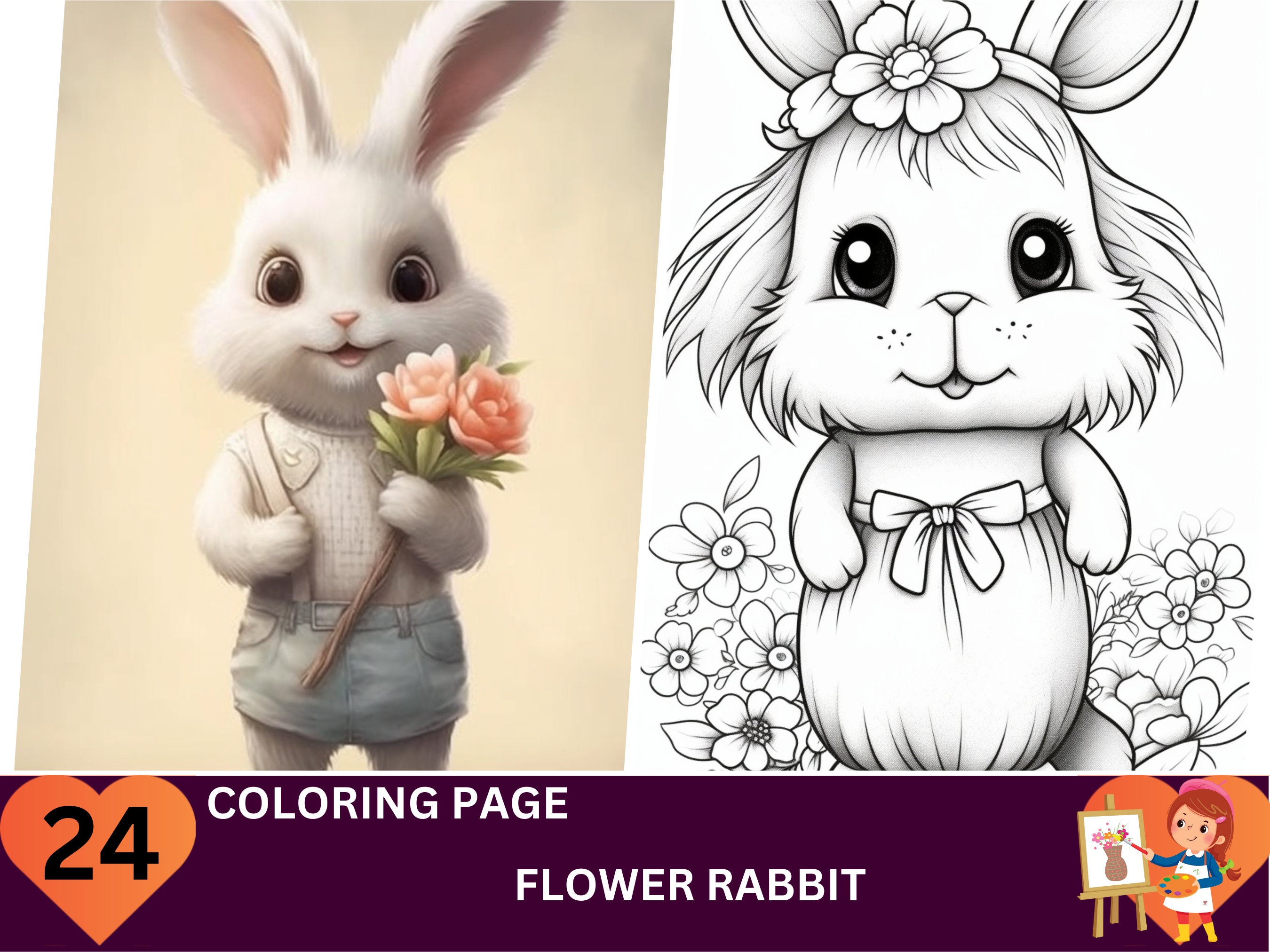 24 Cute Flower Bunny Coloring Pages for Adults and Kids, Instant ...
