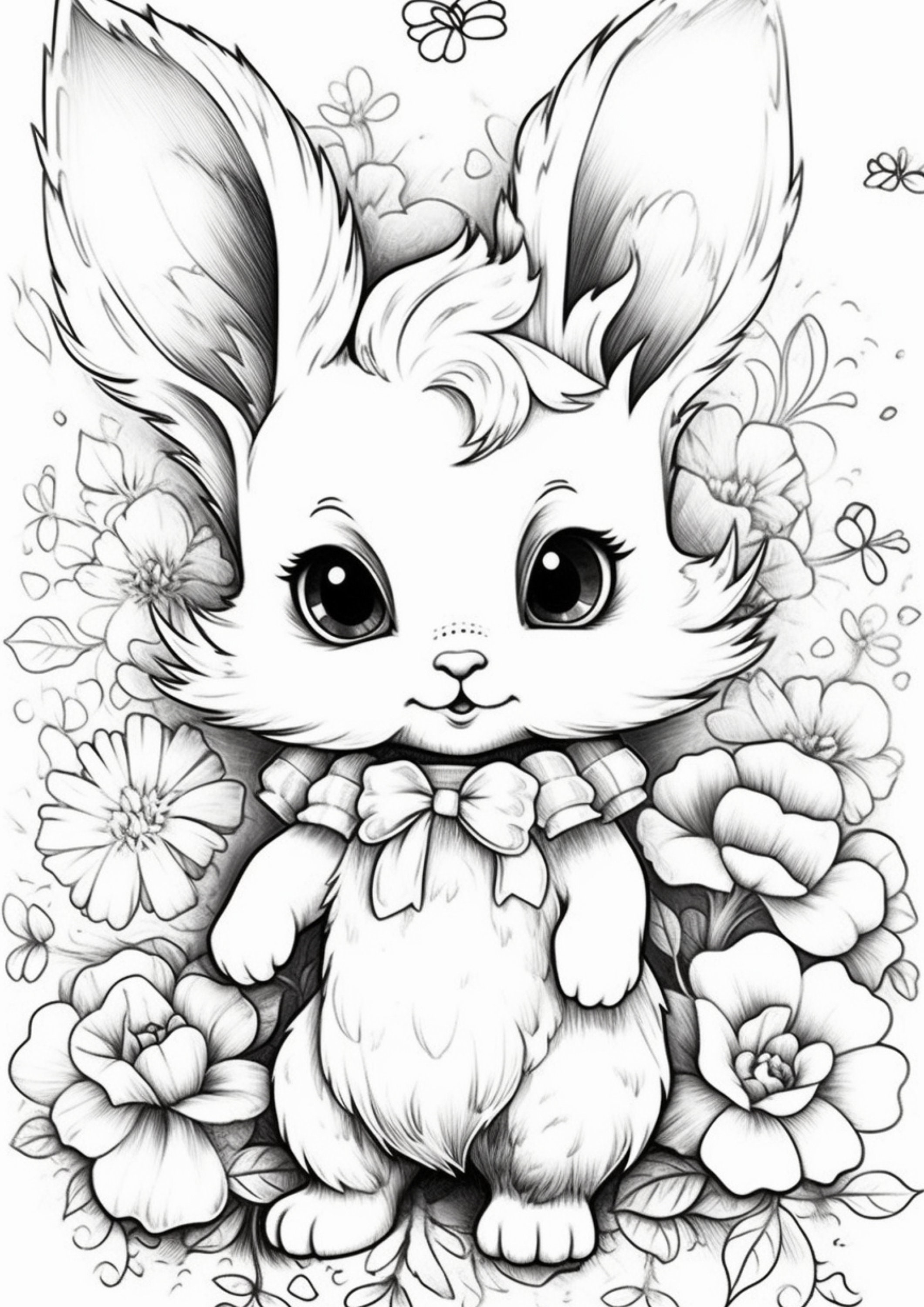 24 Cute Flower Bunny Coloring Pages for Adults and Kids, Instant ...