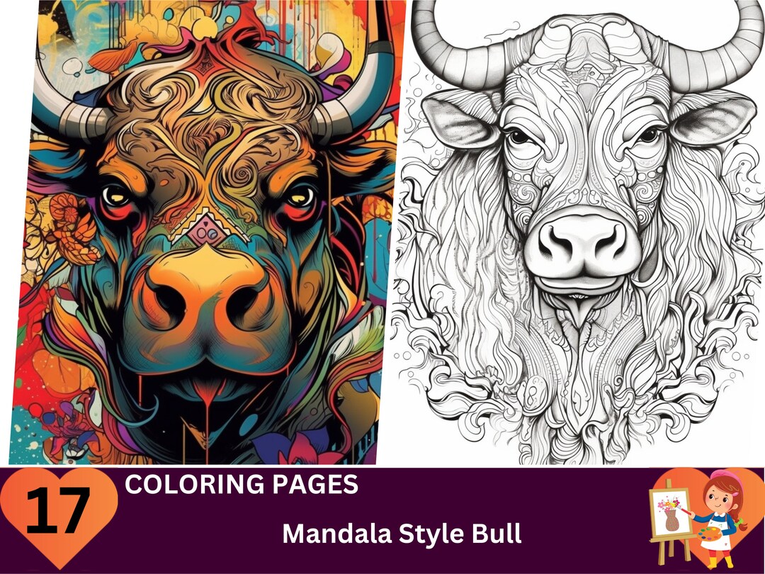 17 Mandala Bull Coloring Pages, Adults + Kids- Instant Download ...