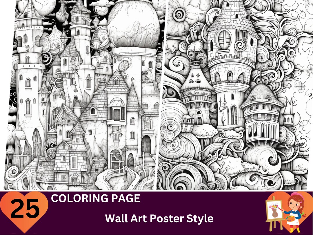 25 Wall Art Poster Style Coloring Pages, Adults Kids Instant Download ...