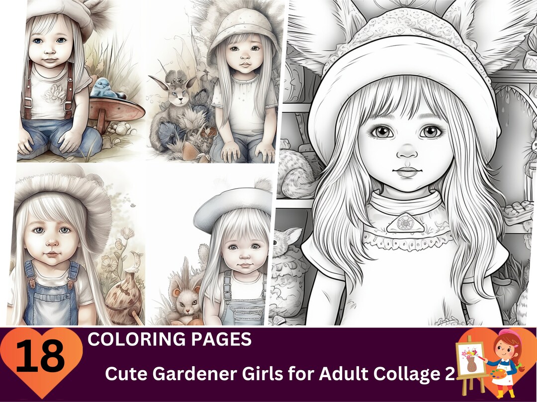 18 Little Gardener Girls Coloring Pages for Adults and Kids, Instant ...
