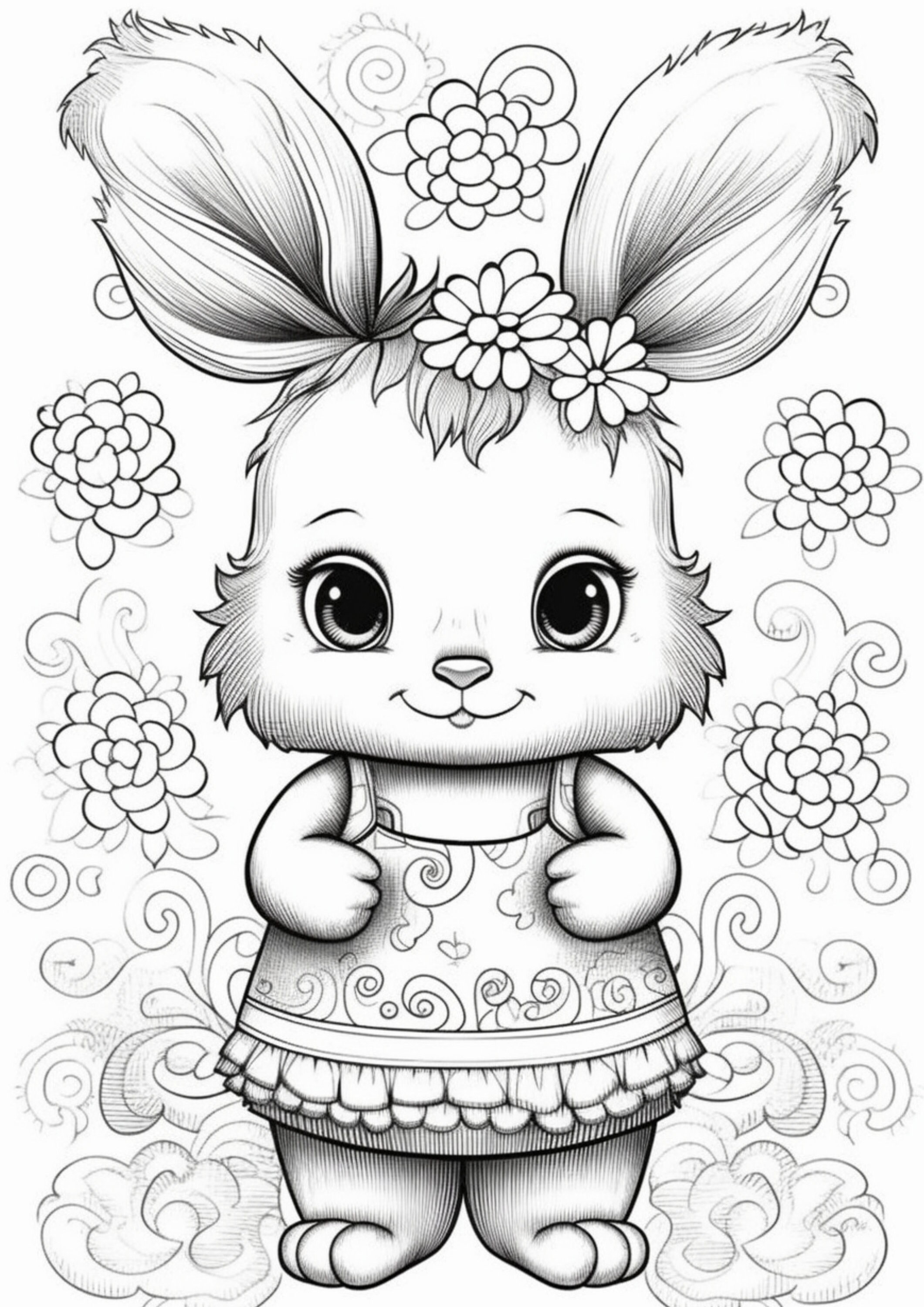 24 Cute Flower Bunny Coloring Pages for Adults and Kids, Instant ...