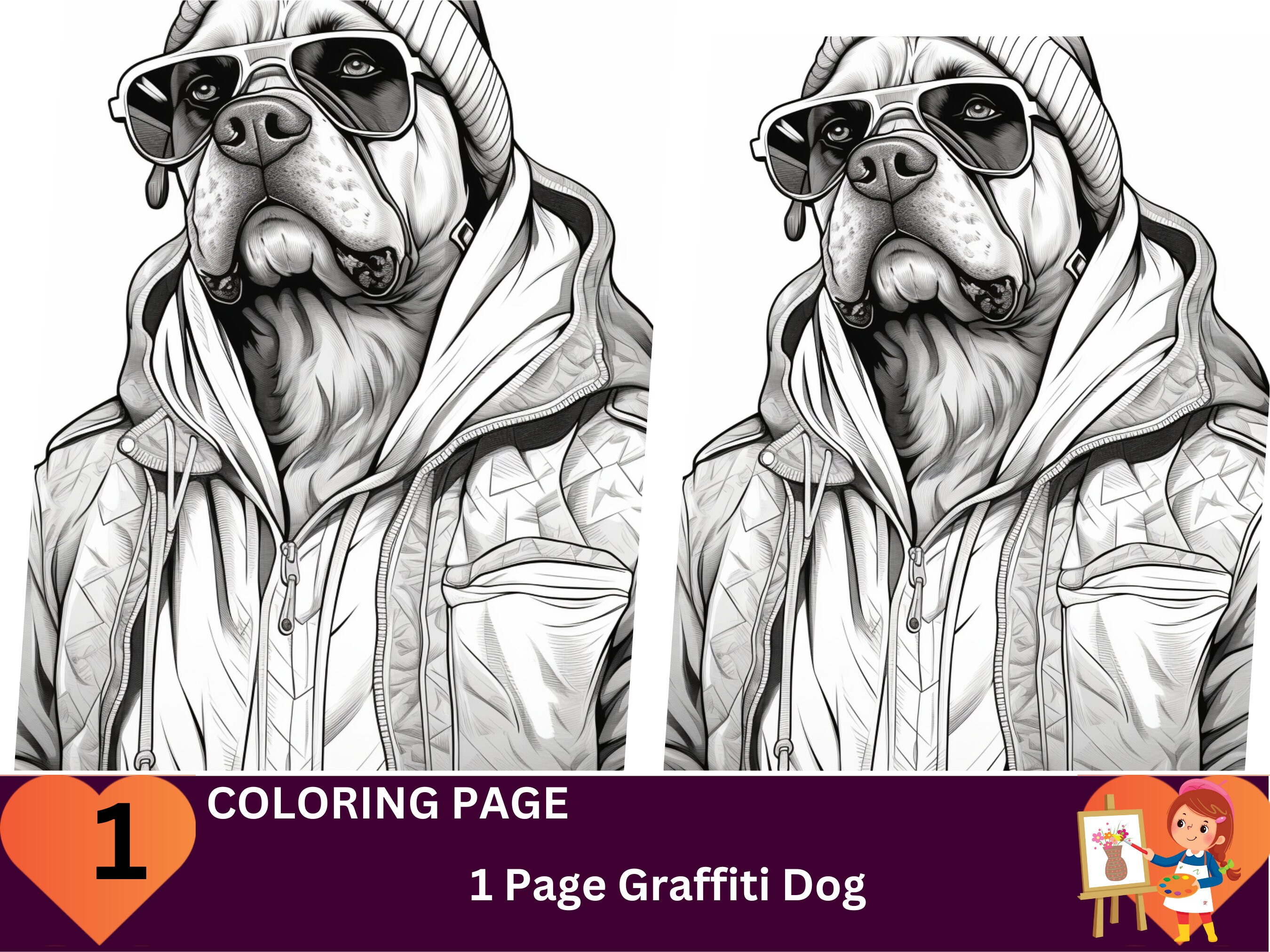 1 Graffiti Style Dog Coloring Pages for Adults and Kids, Instant ...