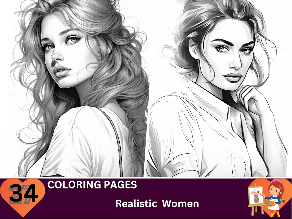 34 Realistic Woman Coloring Pages, Adults + Kids- Instant Download ...
