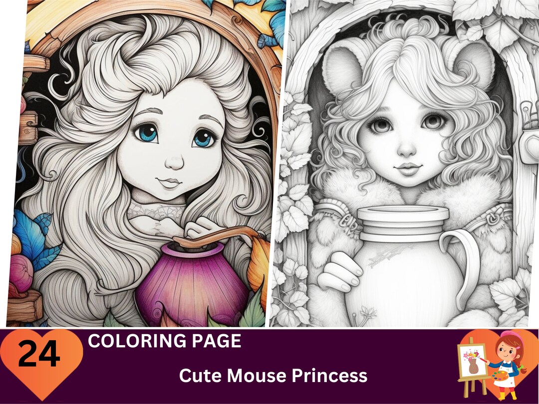 24 Cute Mouse Princess Coloring Pages for Adults and Kids, Instant ...