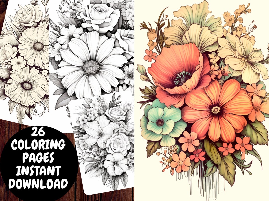 26 Gorgeous Flower Bouquet Coloring Pages, Adults + Kids- Instant ...