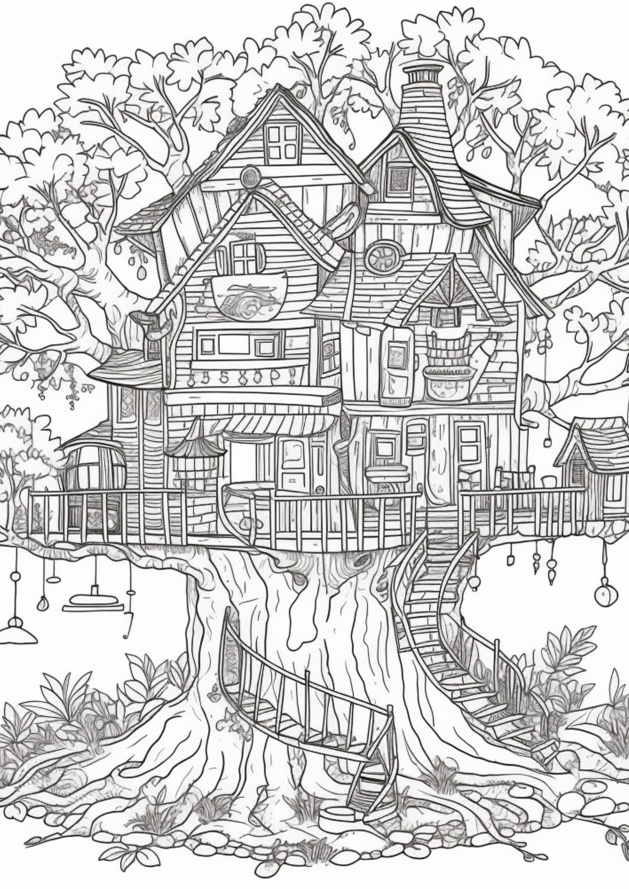22 Fantasy Tree House Coloring Pages for Adults and Kids, Instant ...
