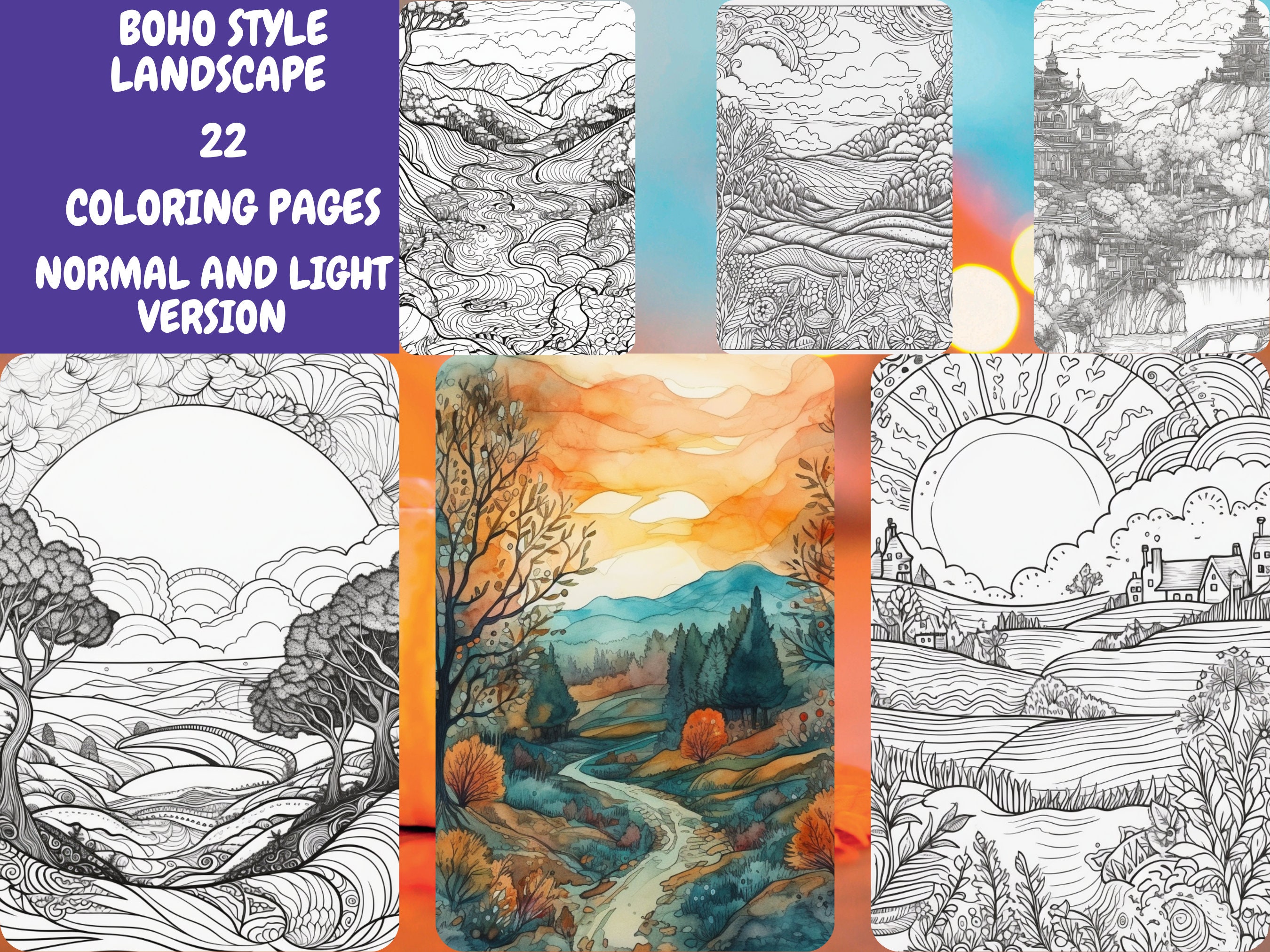 22 Boho Style Coloring Pages, Adults Kids Instant Download, Grayscale ...