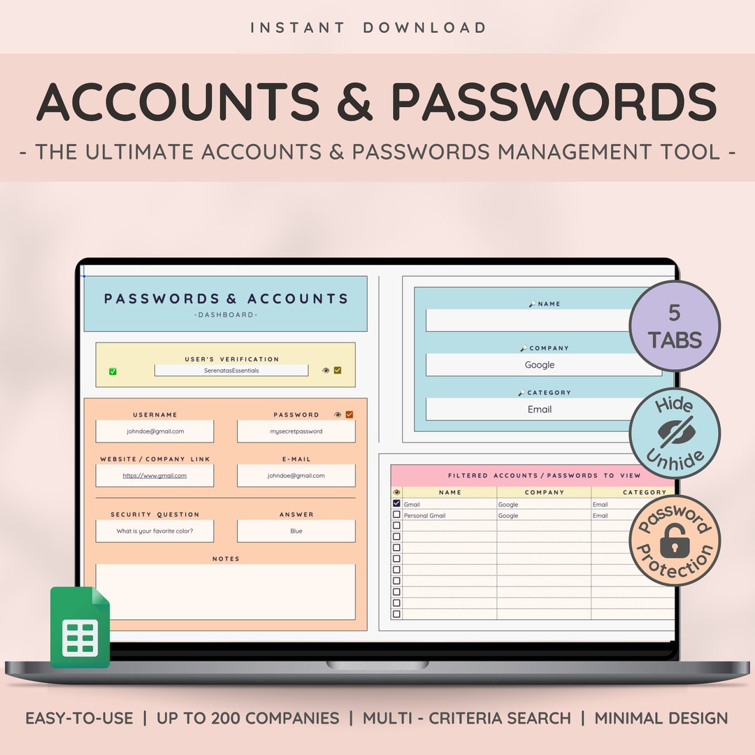 Accounts Tracker for Google Sheets Passwords Tracker Spreadsheet ...