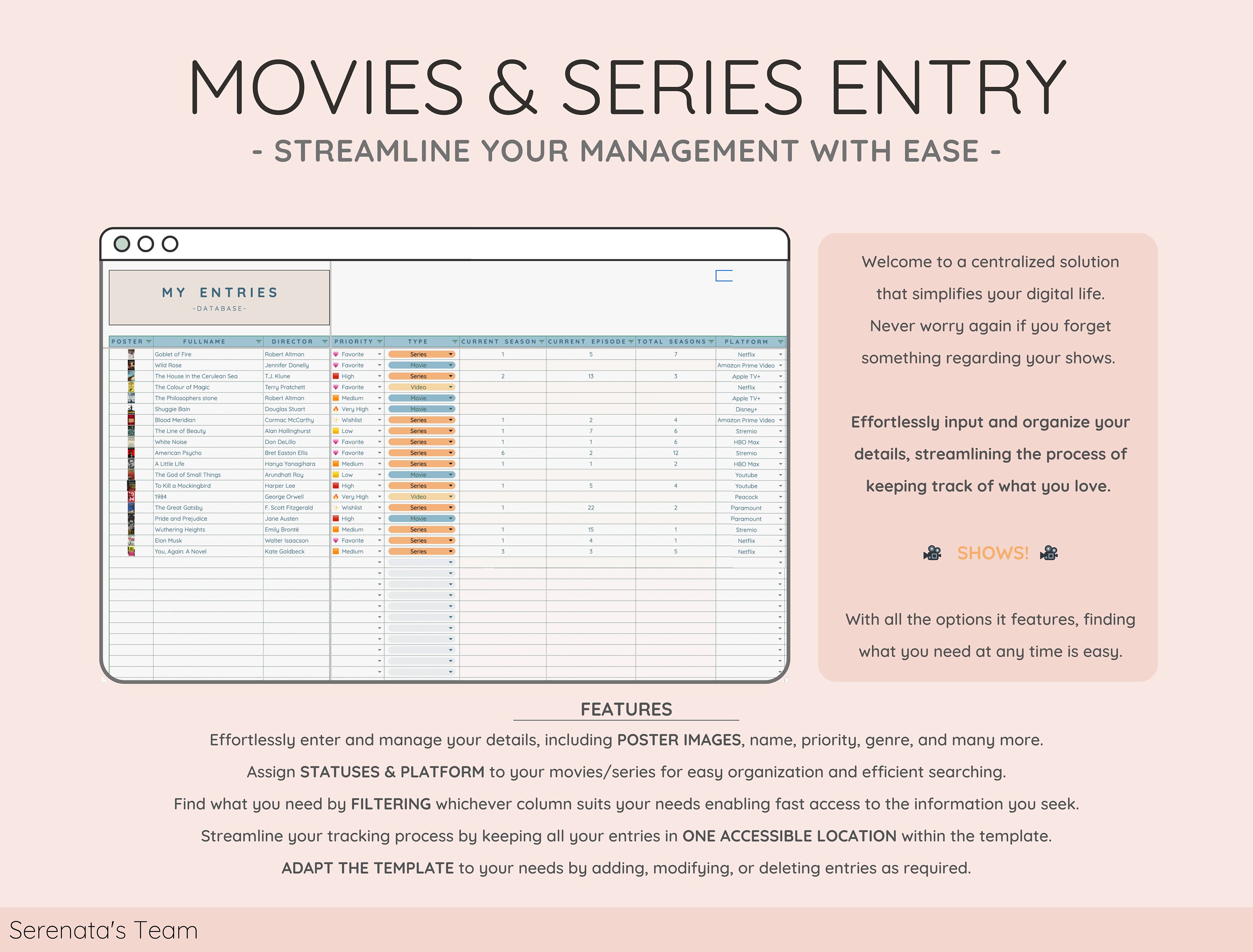 Shows Movies & Videos Tracker With Gallery Collection Series Planner With Review Spreadsheet ...